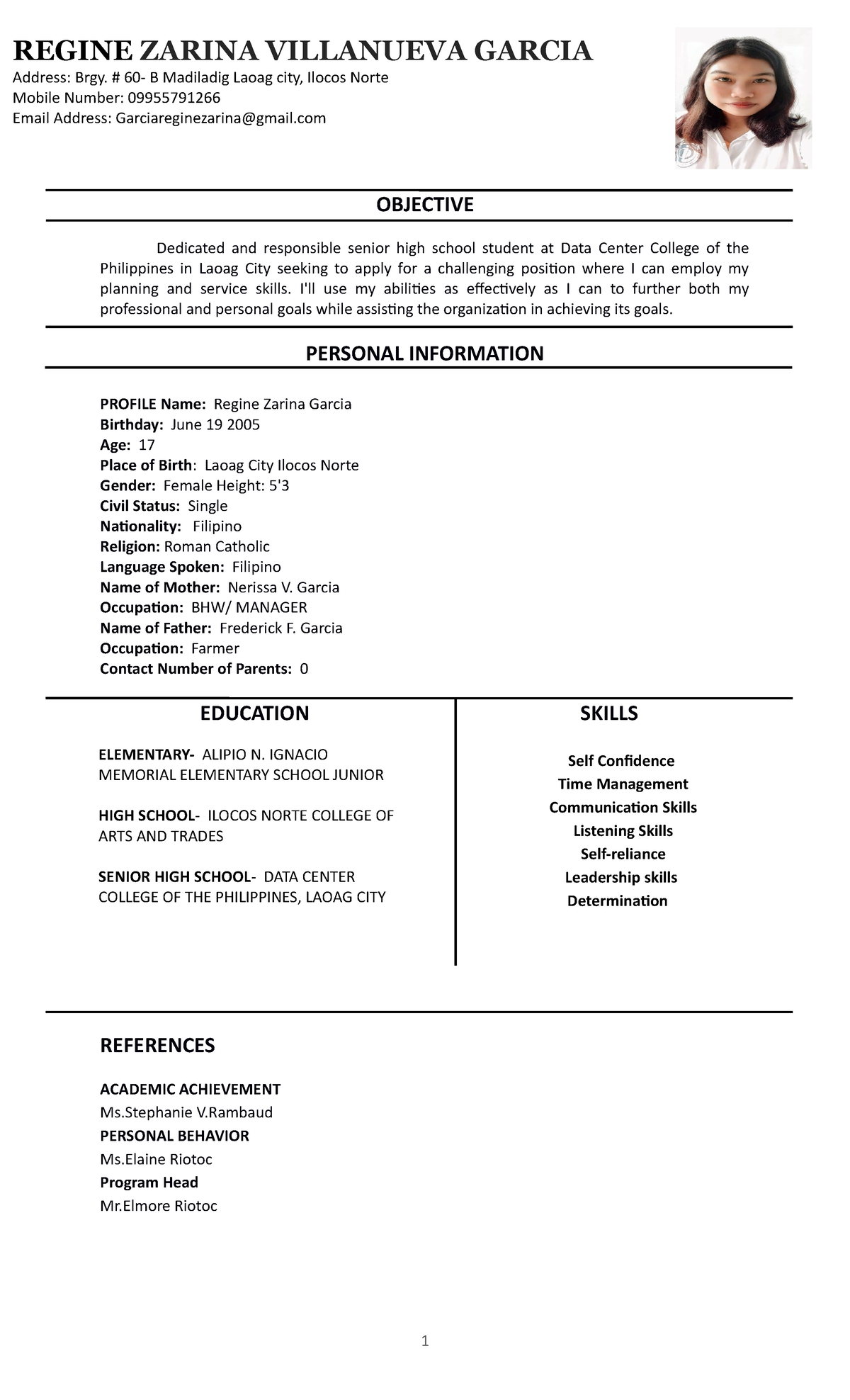 Resumeee - Resume for applying a job - OBJECTIVE Dedicated and responsible senior high school ...