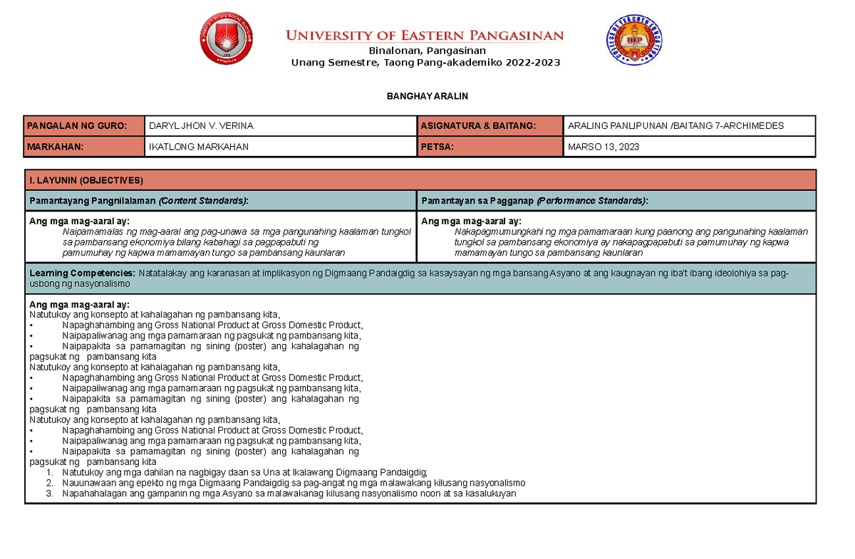 AP7 DLP(MOD 4 - Daily Lesson Plan - Unang Semestre, Taong Pang ...
