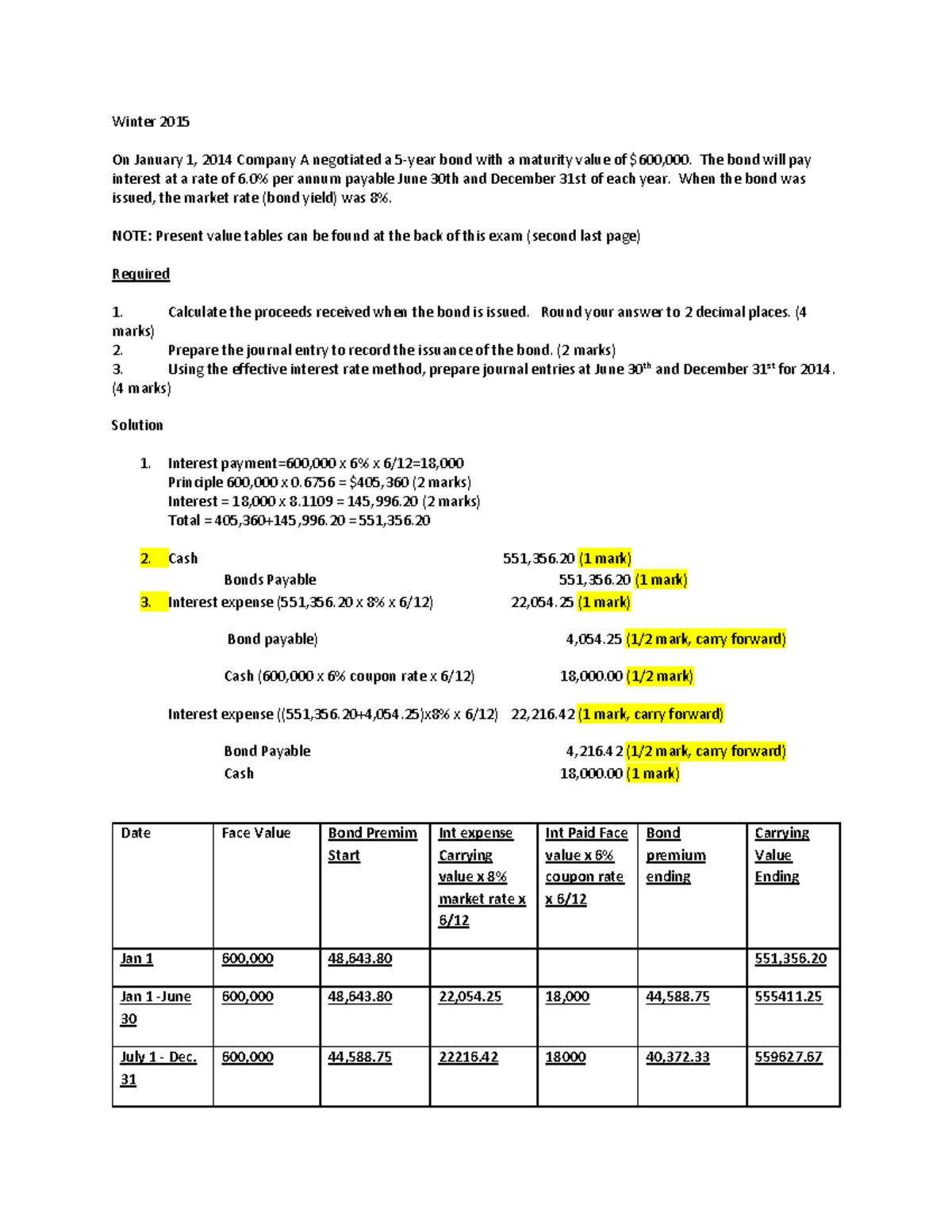 Bond Questions Examples Winter 2015 and Winter 2018 Final Exam ...