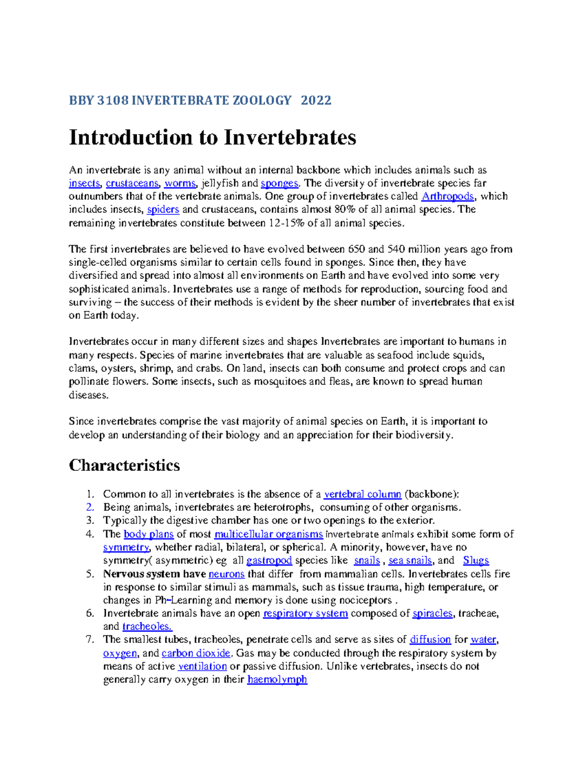 BBY 3108 Invertebrate Zoology Notes 2 - BBY 3108 INVERTEBRATE ZOOLOGY ...