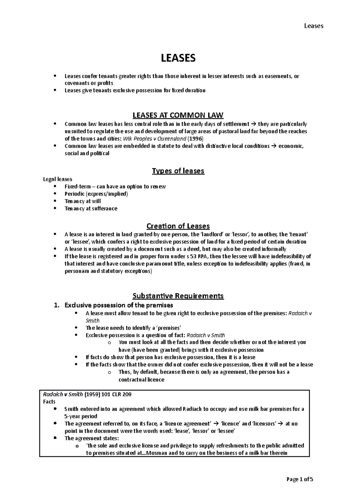 Leases-MK - REAL PROPERTY LEASES NOTES - Leases LEASES Leases confer ...