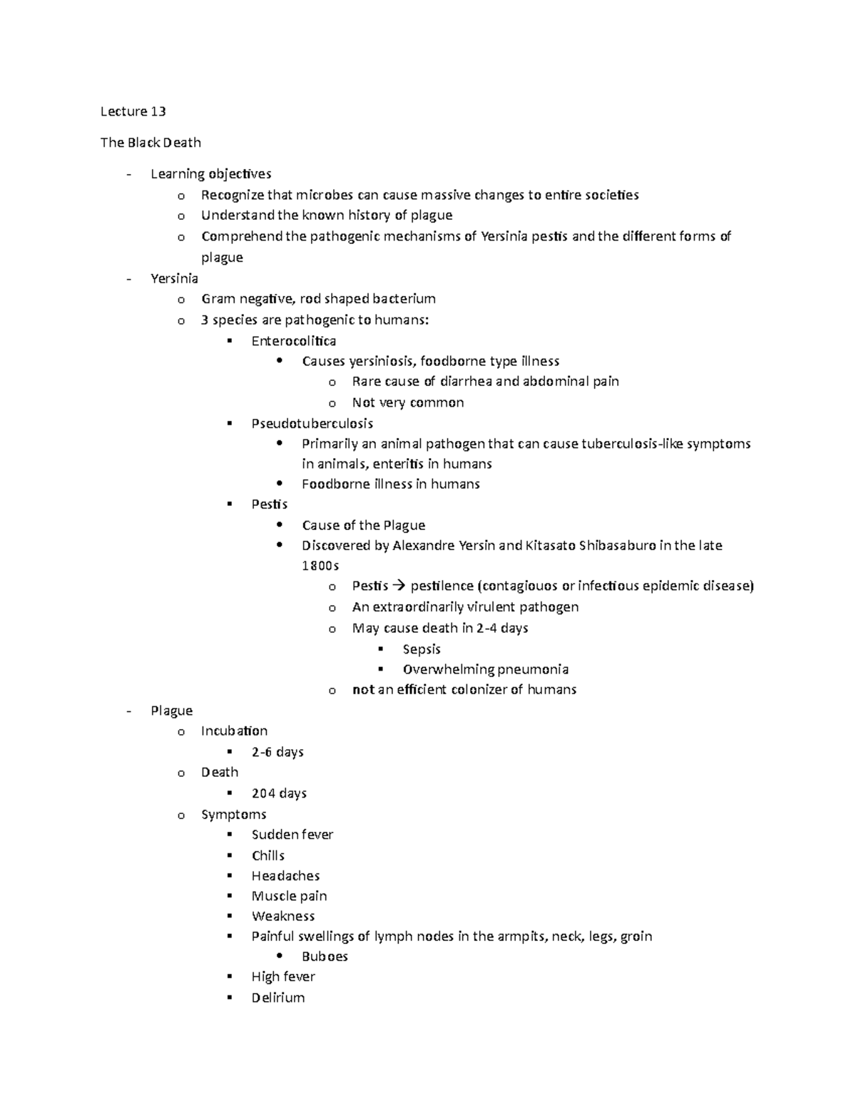 Microimm notes Lecture 13 - Lecture 13 The Black Death Learning ...