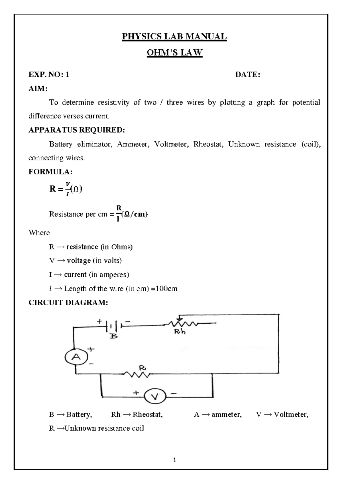 Physics lab - dsaegawegawetg - PHYSICS LAB MANUAL OHM’S LAW EXP. NO: 1 ...