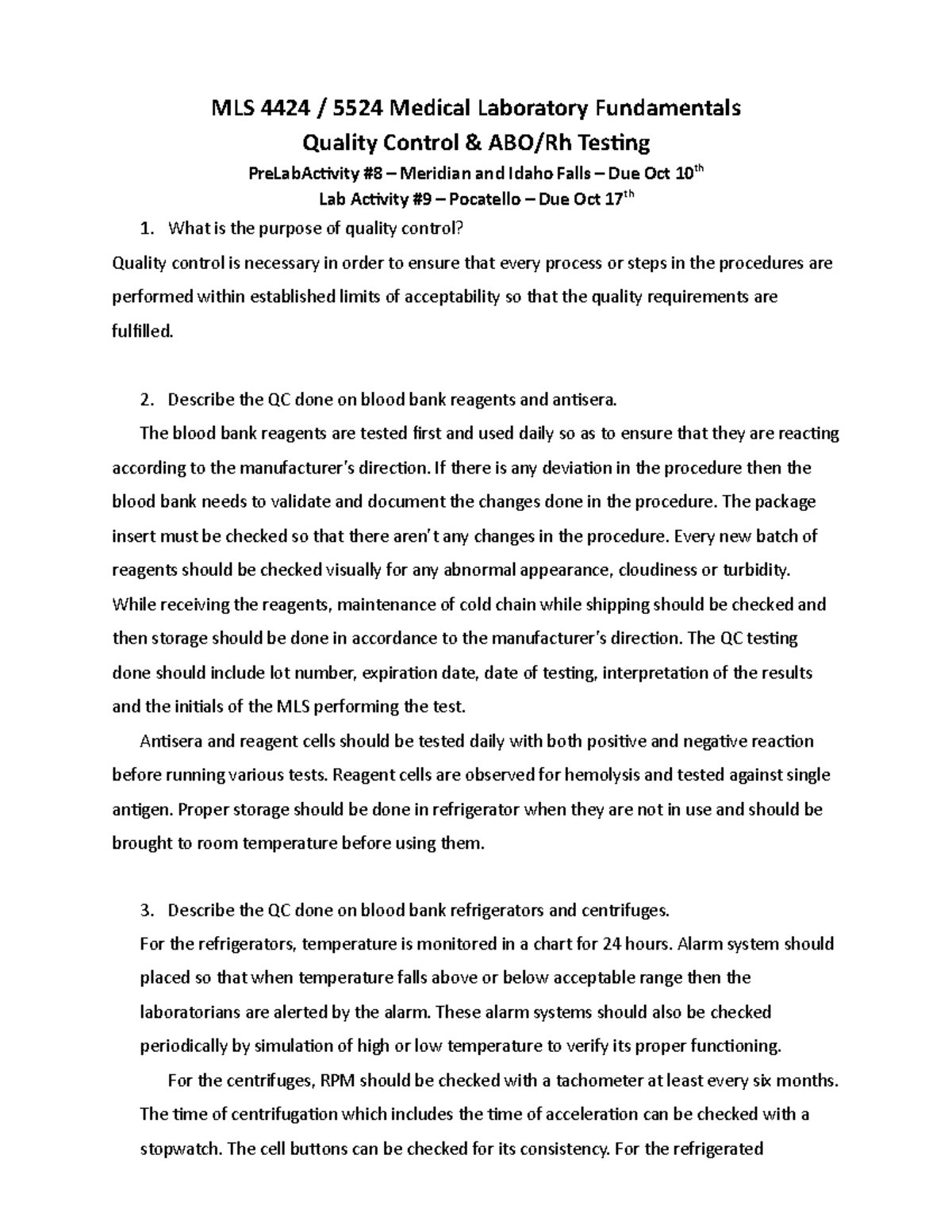 Pre Lab 8and 9 - quality control and ABO/Rh testing - MLS 4424 / 5524 ...