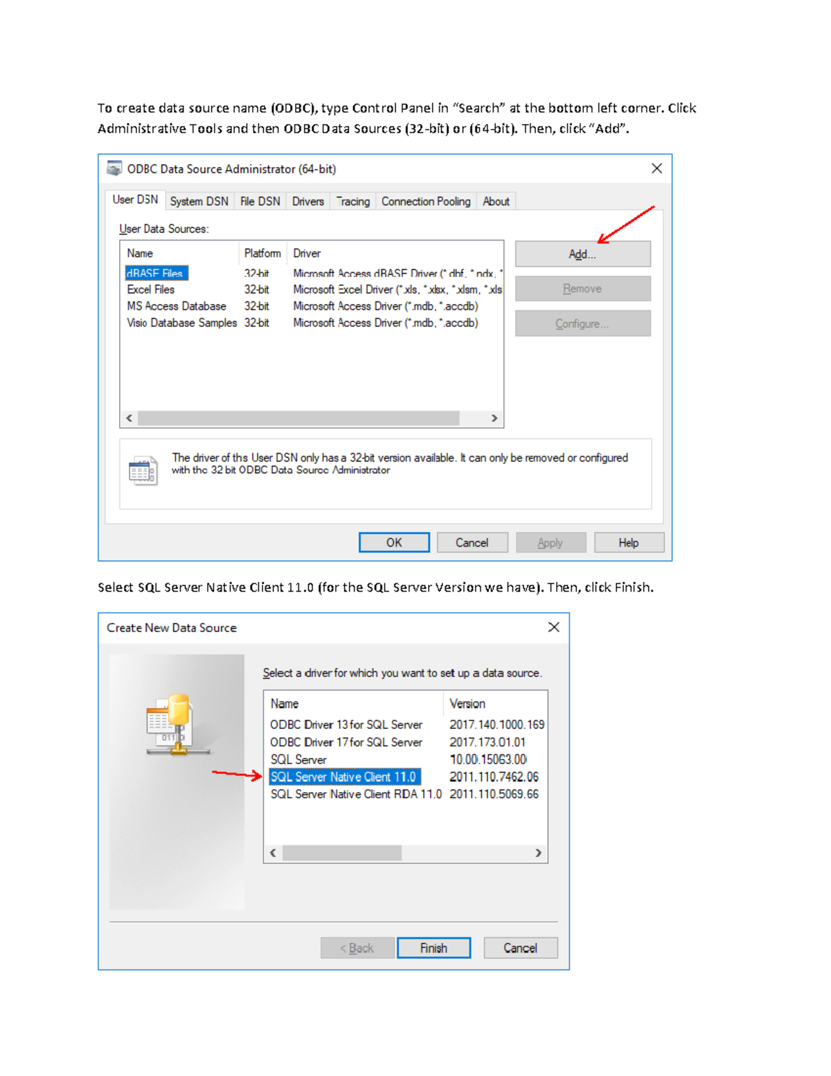 Two Tier Client Example To Create Data Source Name Odbc Type Control Panel In “search” At