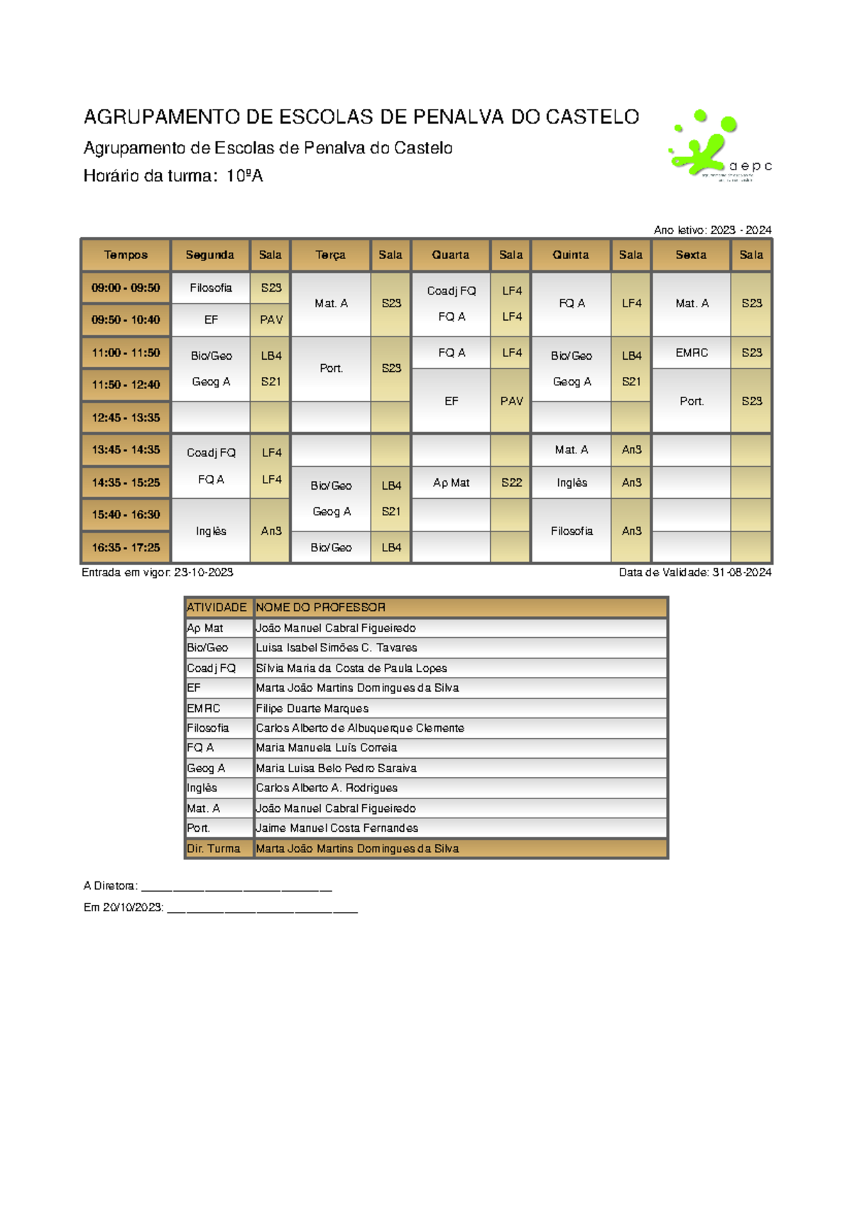 Horário 10A - 23 - huyfyu8i - AGRUPAMENTO DE ESCOLAS DE PENALVA DO ...