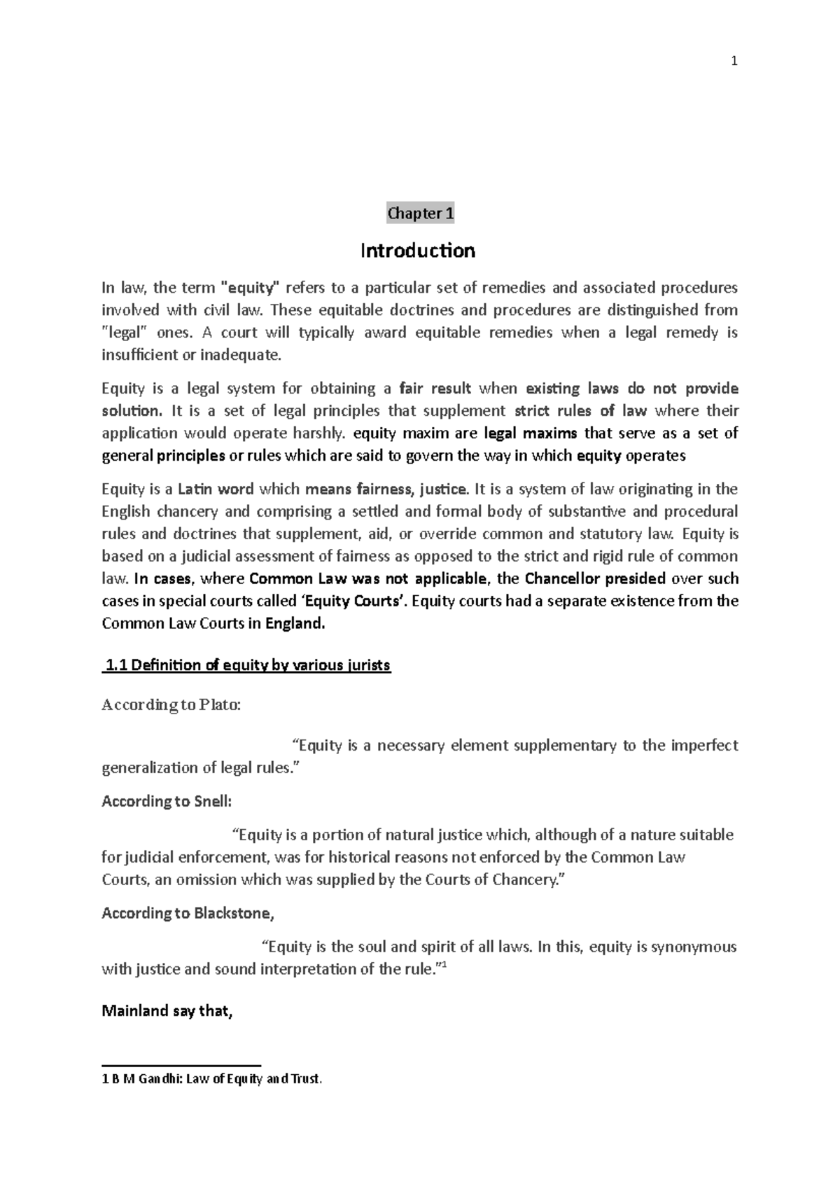 Concept of Equity - law - Chapter 1 Introducion In law, the term ...