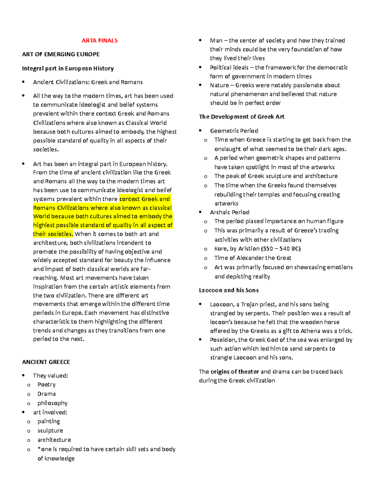 ARTA Finals - ARTA FINALS ART OF EMERGING EUROPE Integral part in European History Ancient - Studocu