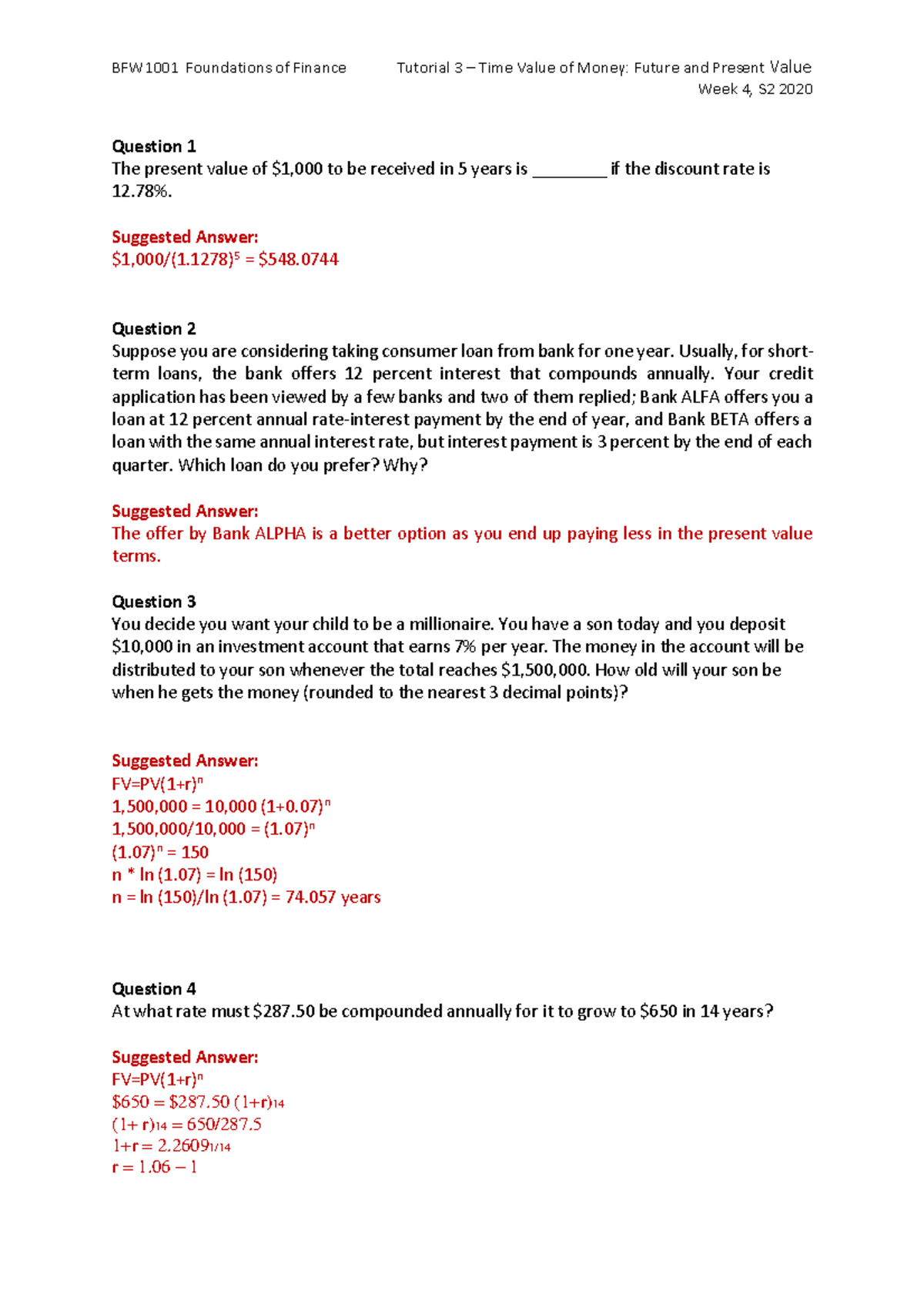 Suggested Solutions - Future and Present Value - BFW 1001 Foundations ...