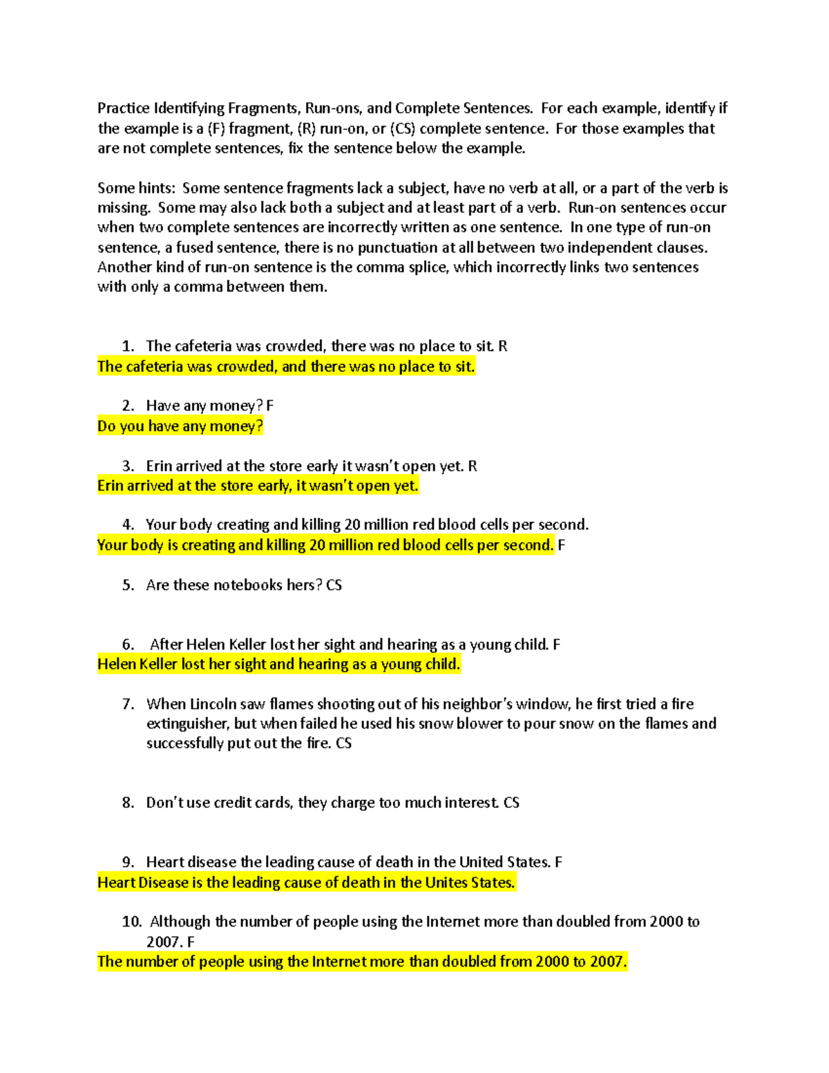 Practice Identifying Fragments, Run-on, Sentences - Practice ...