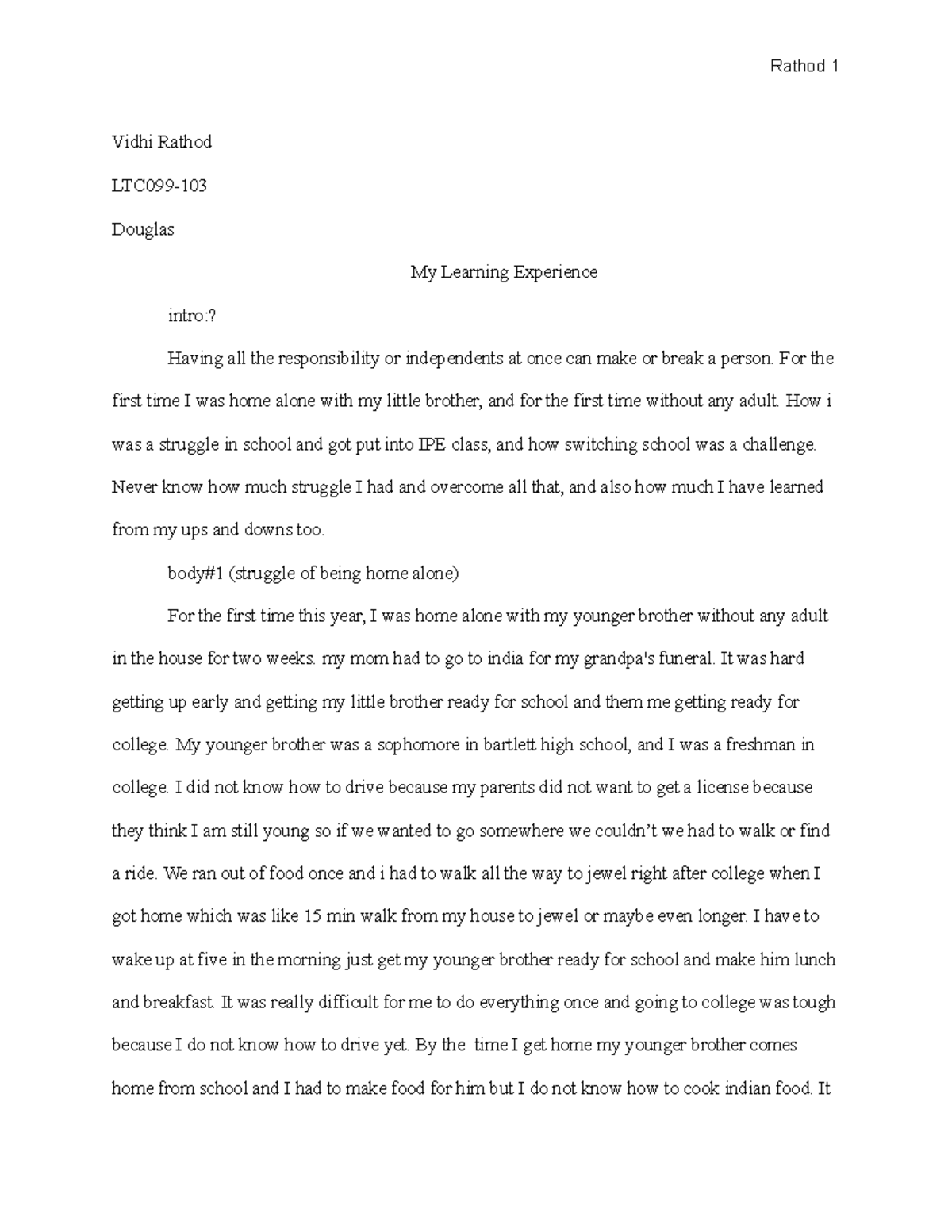 3 three paragraphs - essay - Vidhi Rathod LTC099- Douglas My Learning ...