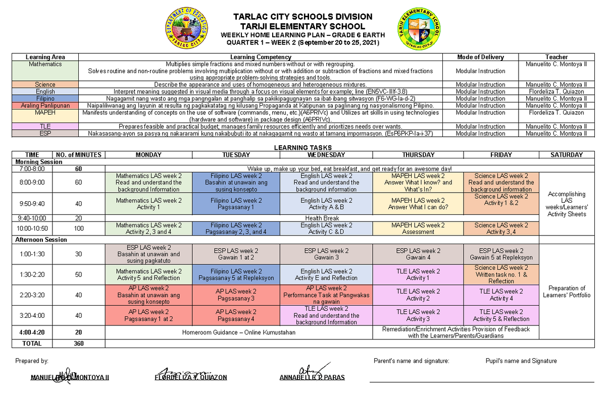 Weekly HOME Learning PLAN - Q1-WK2 - Grade 6 - TARLAC CITY SCHOOLS ...