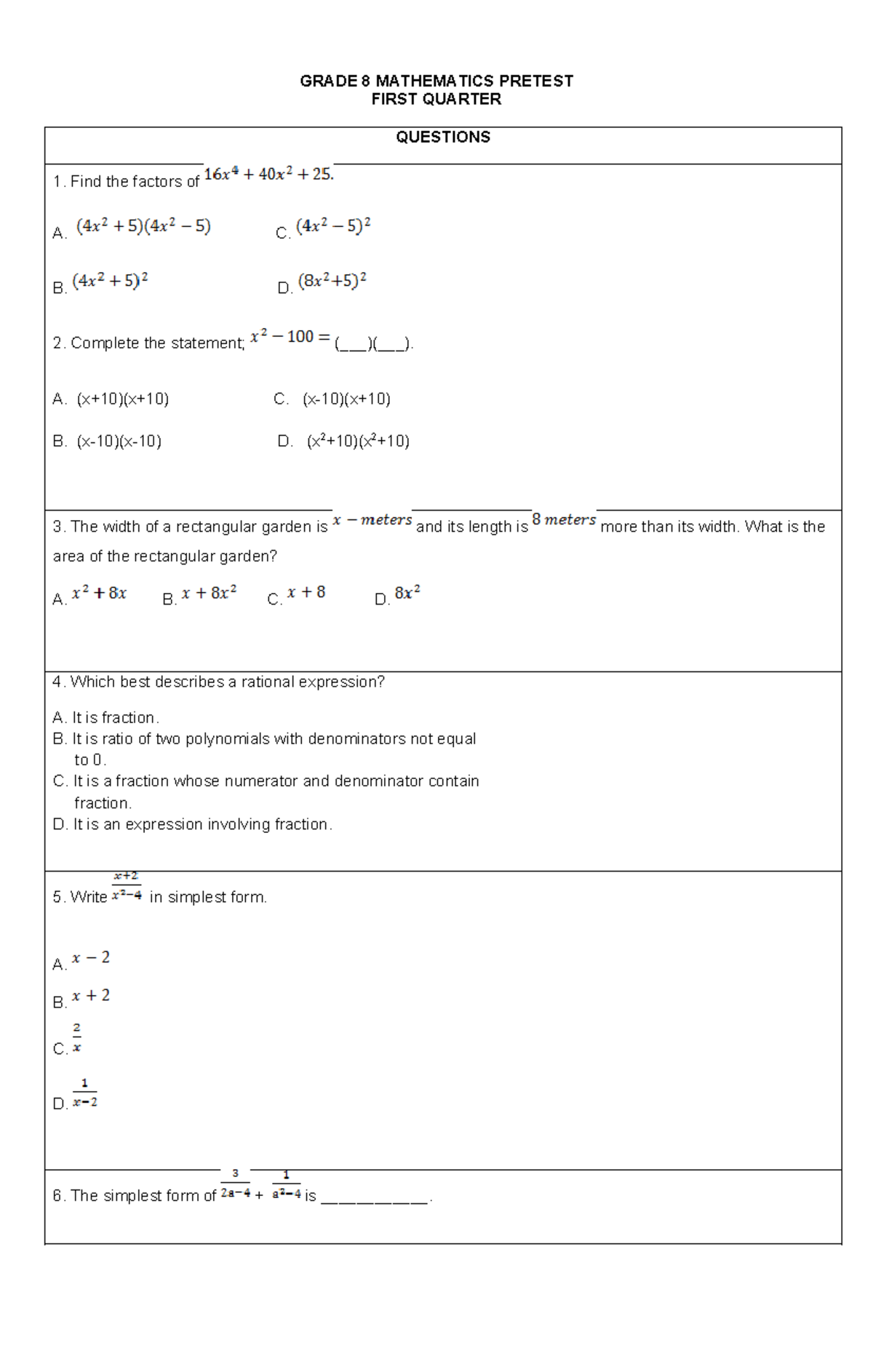 PRE-TES-MATH8 - Pre test - GRADE 8 MATHEMATICS PRETEST FIRST QUARTER ...
