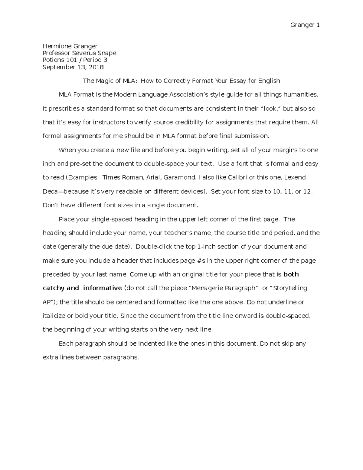MLA Format Guide - MLA - Granger 1 Hermione Granger Professor Severus ...