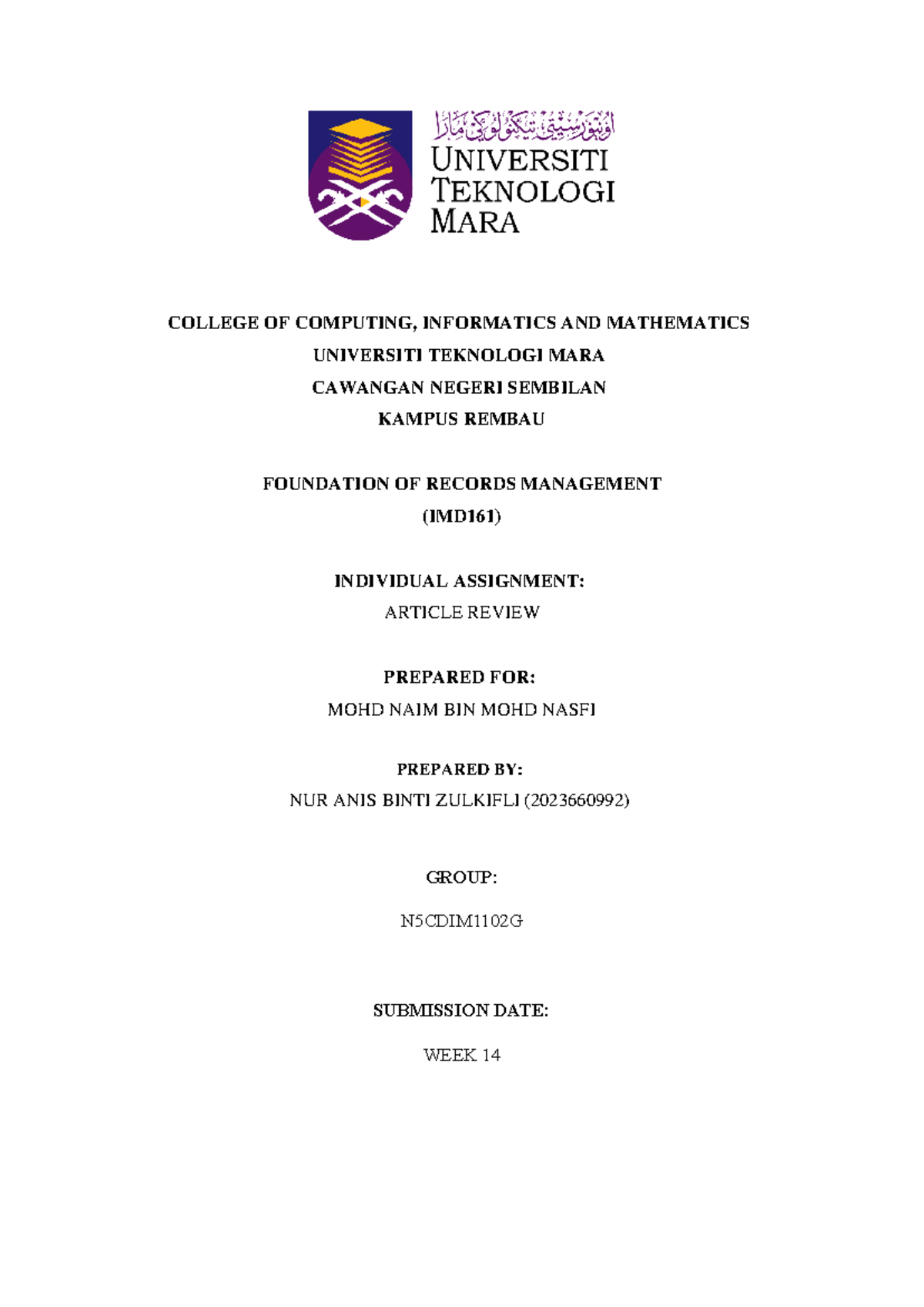 IMD161 INDIVIDUAL ASSIGNMENT 2024 - COLLEGE OF COMPUTING, INFORMATICS AND MATHEMATICS UNIVERSITI ...