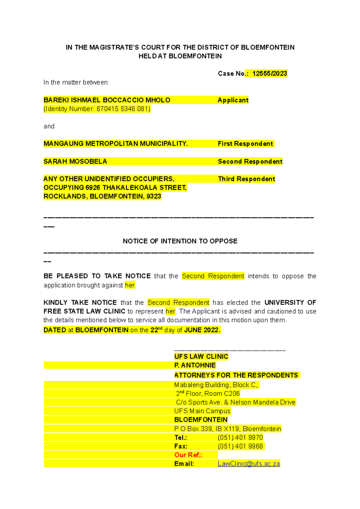 Notice of Intention to Oppose - Sample - IN THE MAGISTRATE’S COURT FOR ...
