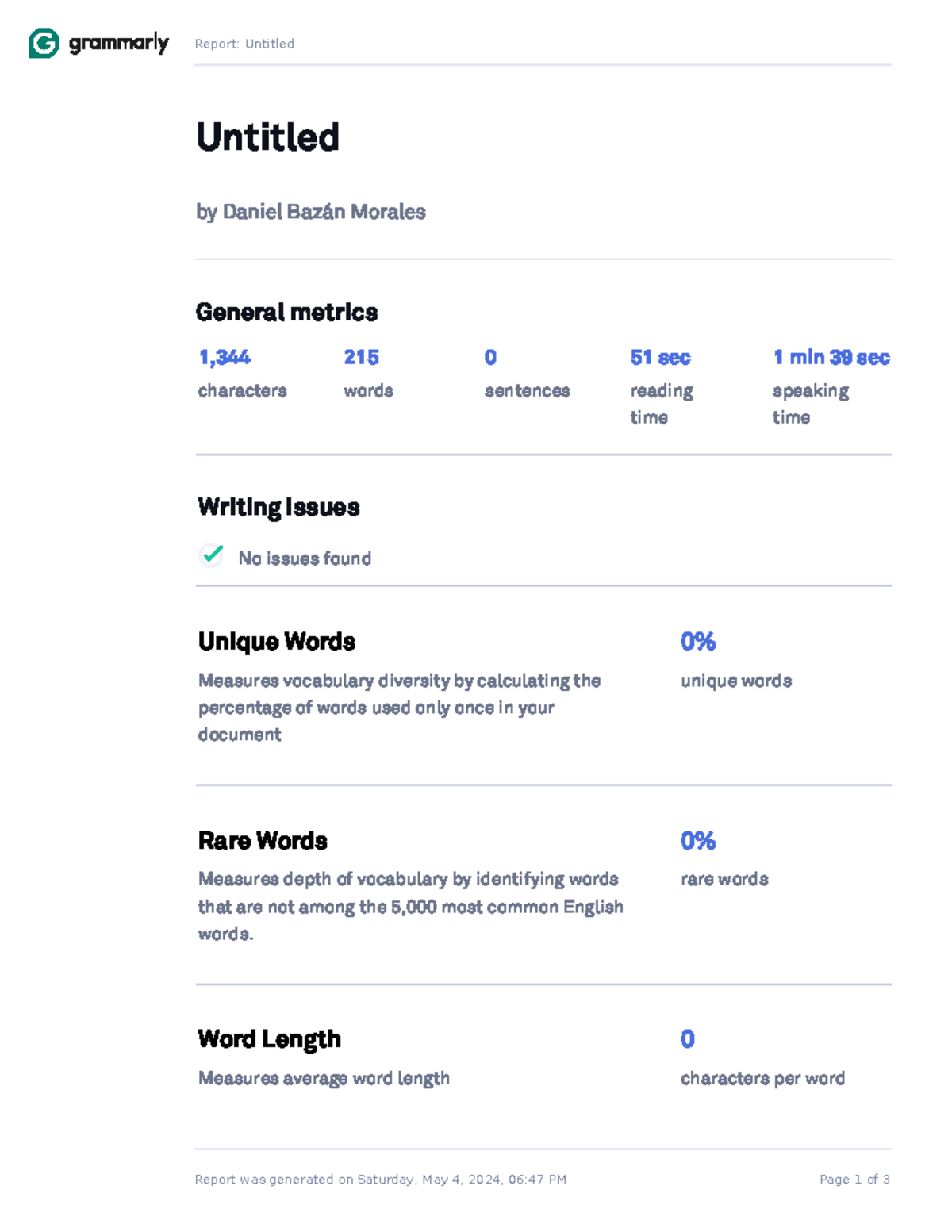Report - rare words Word Length 0 Measures average word length ...