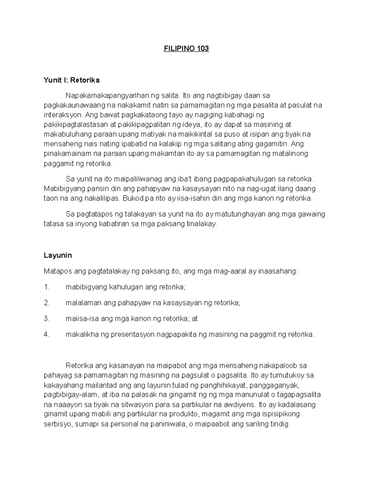 Reviewer - FILI 103TLE COURSEEEEEEE KKKKKKKK - FILIPINO 103 Yunit I: Retorika ...