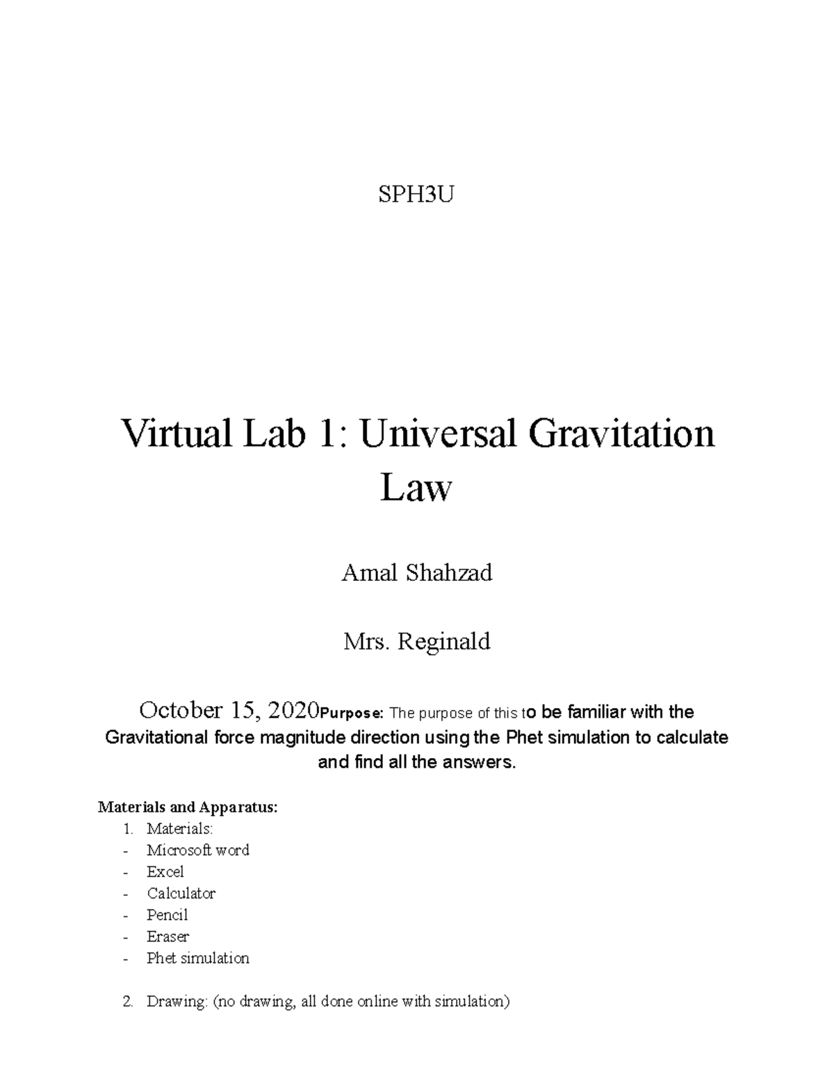 Virtual Lab Universal Gravitation Law - SPH3U Virtual Lab 1: Universal ...