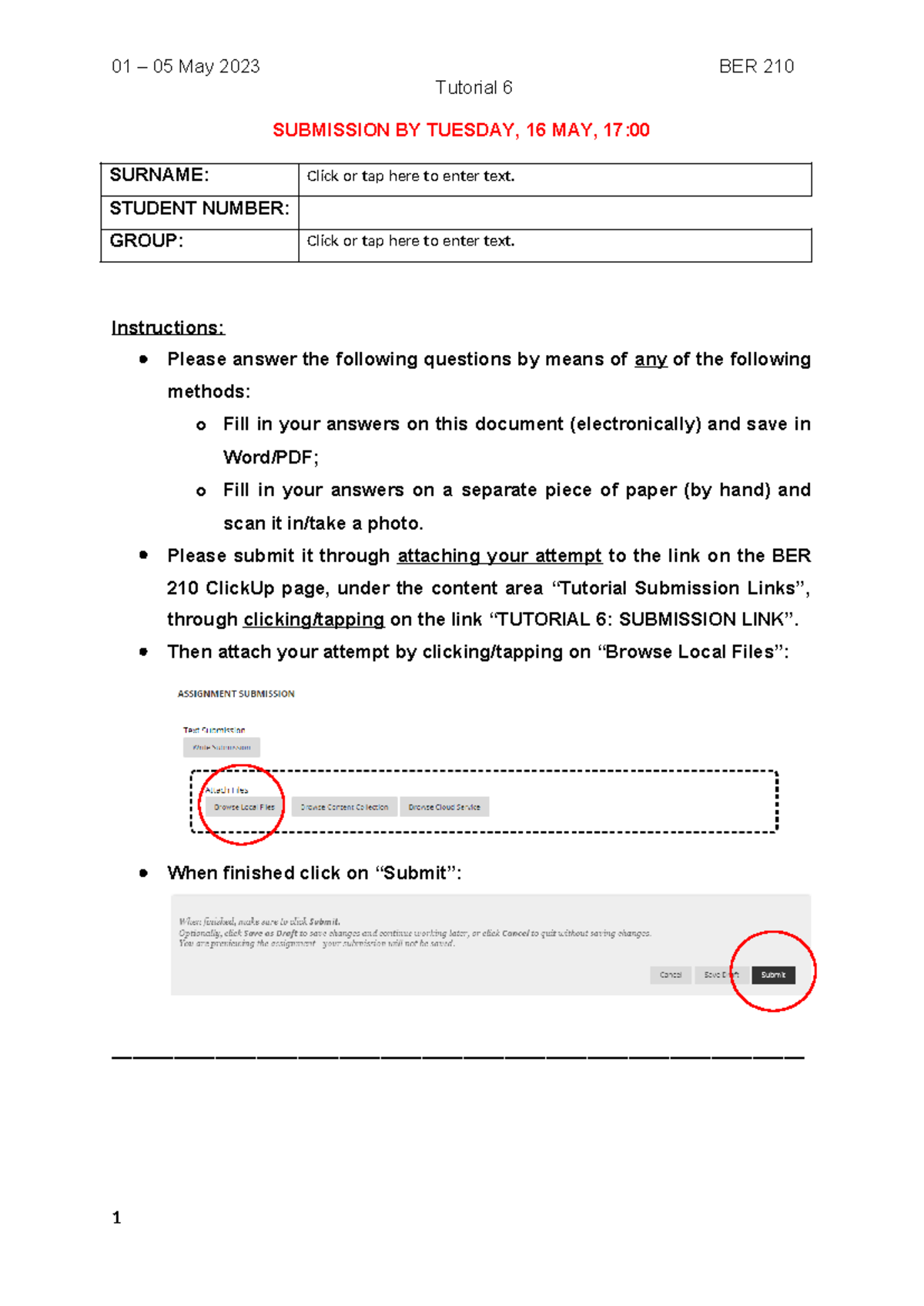 Tutorial submission - Tutorial 6 SUBMISSION BY TUESDAY, 16 MAY, 17: SURNAME: Click or tap here ...