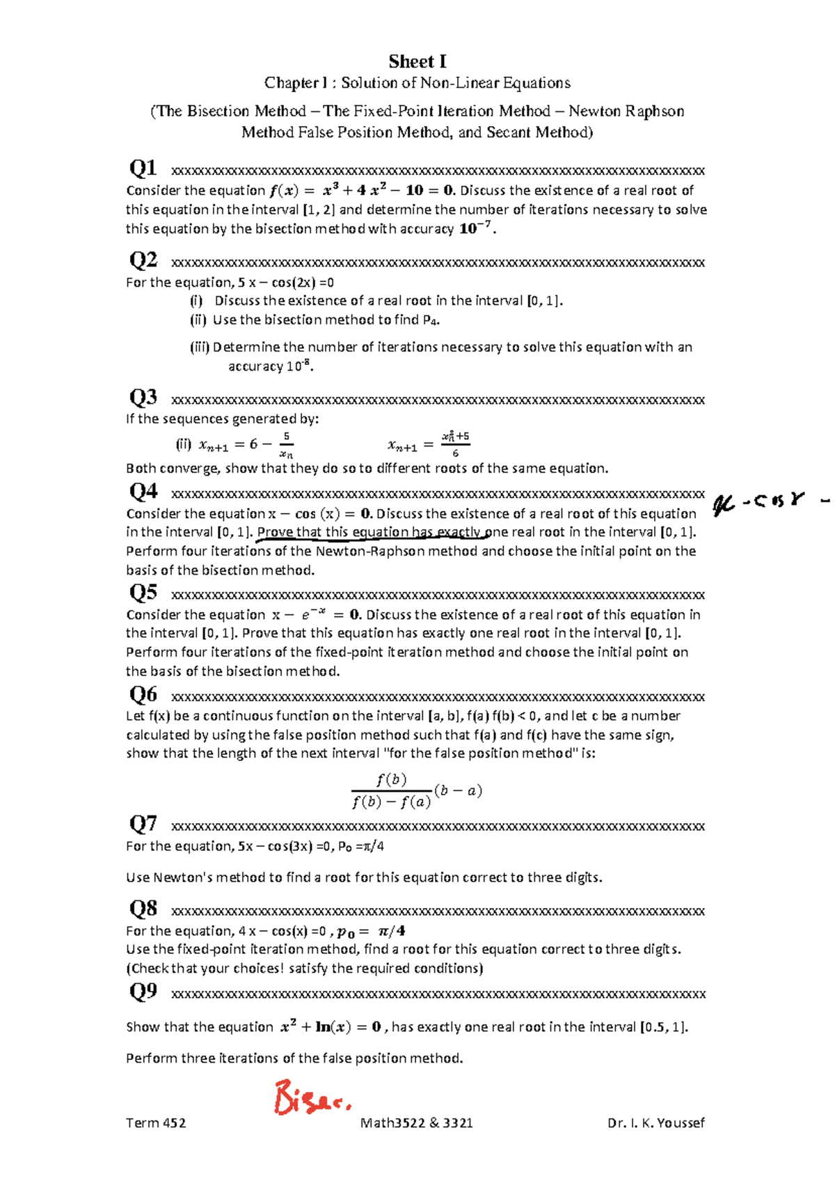 Sheet 1 - Chapter I : Solution of Non-Linear Equations (The Bisection ...