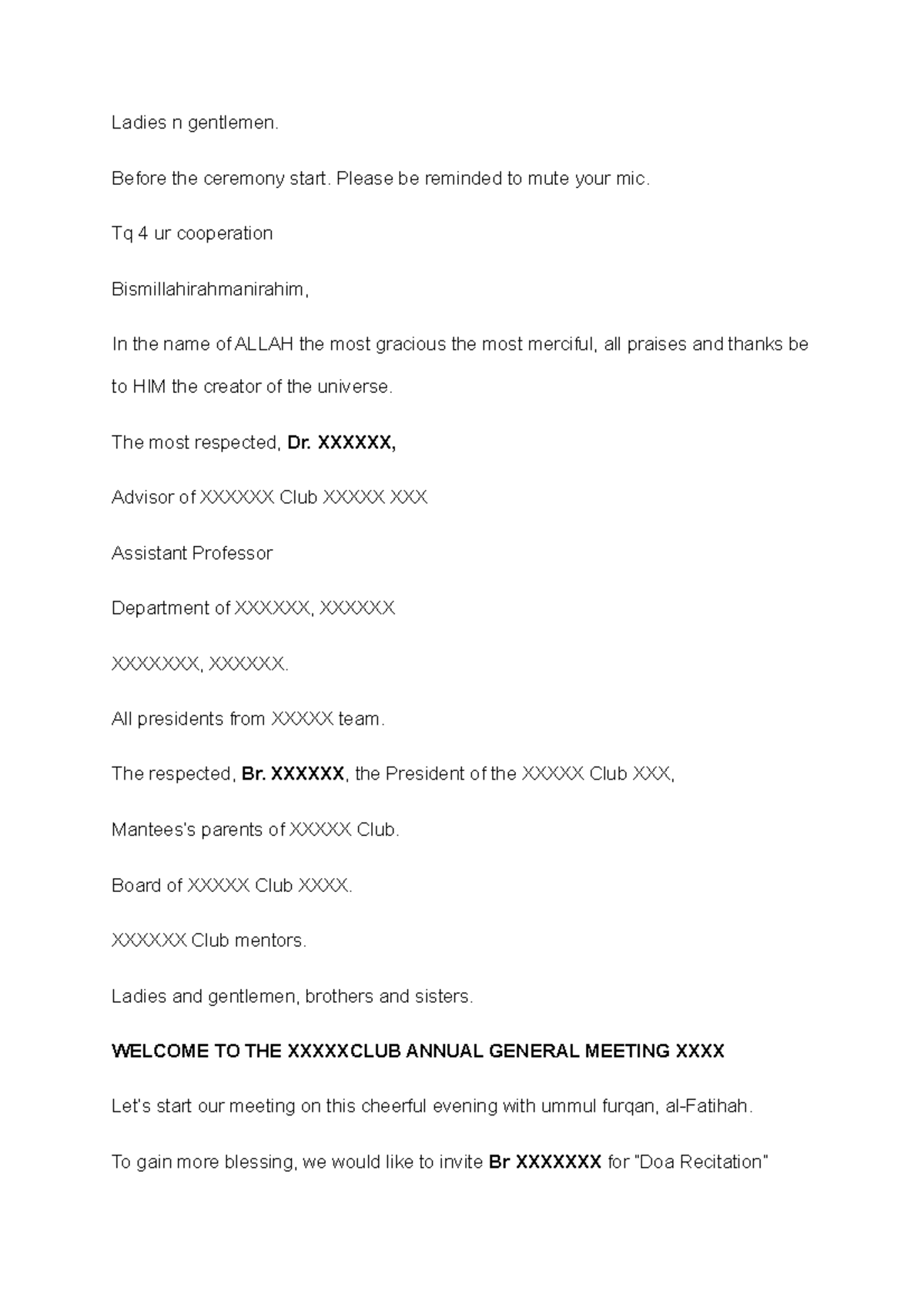 Annual General Meeting Speech - Ladies n gentlemen. Before the ceremony ...