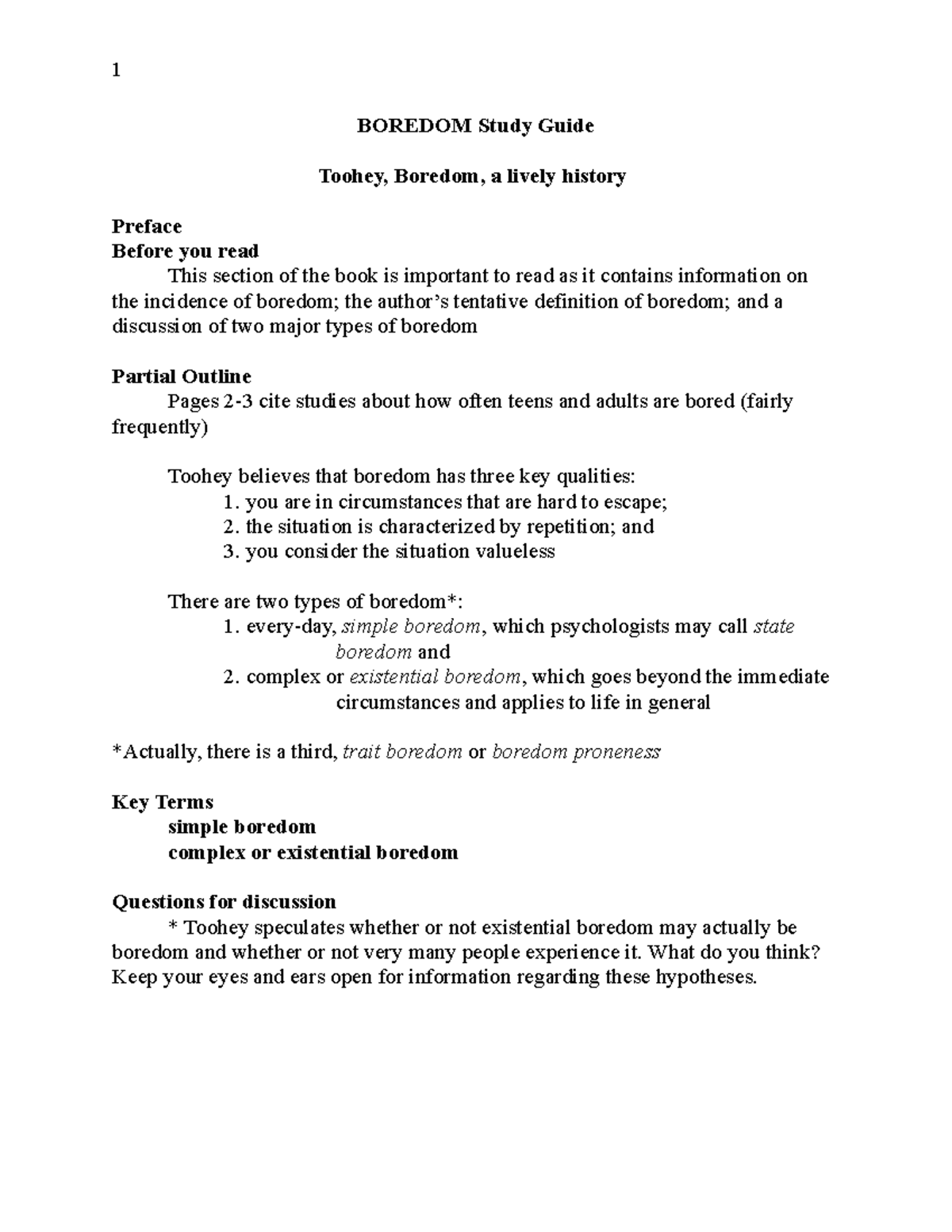 Boredom Study Guide - BOREDOM Study Guide Toohey, Boredom, a lively ...