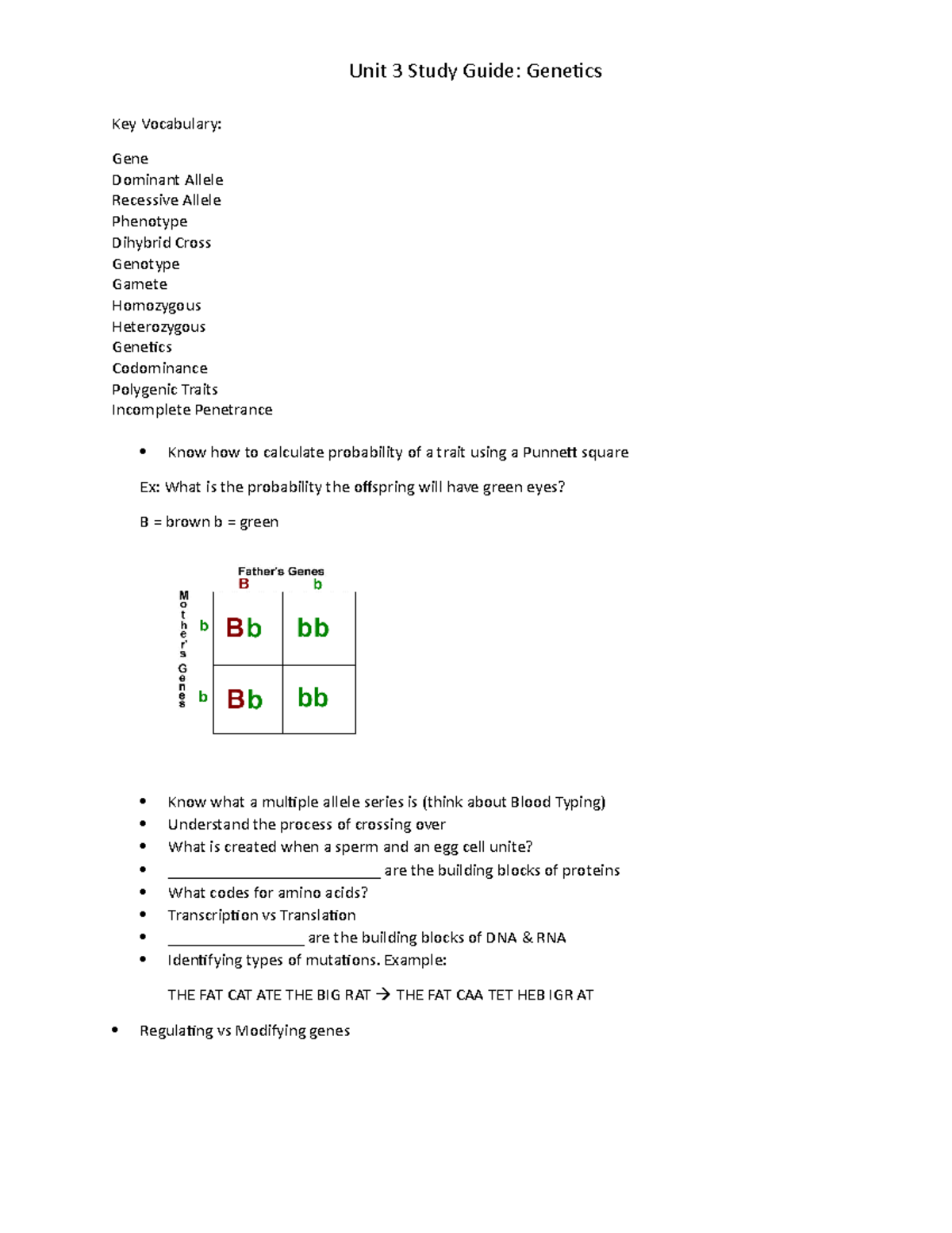 Unit 3 Study Guide - Genetics - Unit 3 Study Guide: Genetics Key ...