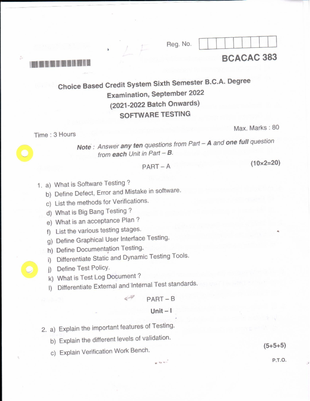 BCA VI Semester Software Testing September 2022 - Reg. No. BCACAC 383 ...