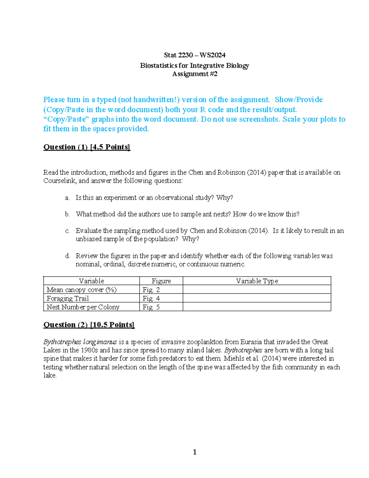 Assignment 2 2024 2025 Stat 2230 Ws Biostatistics For Integrative Biology Assignment