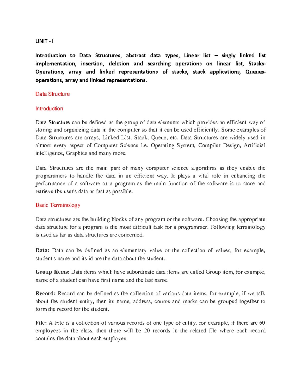 Unit I Data Structures Data Structure Notes Unit I Introduction To Data Structures