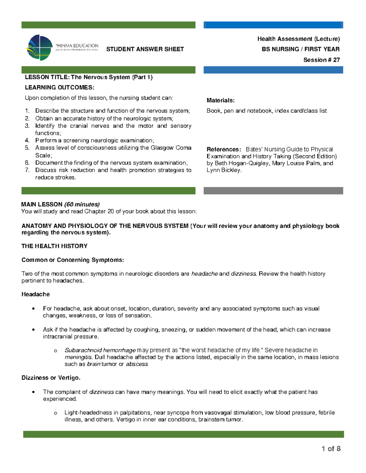 Health Assessment SAS Session 27 - MAIN LESSON (60 minutes) You will ...
