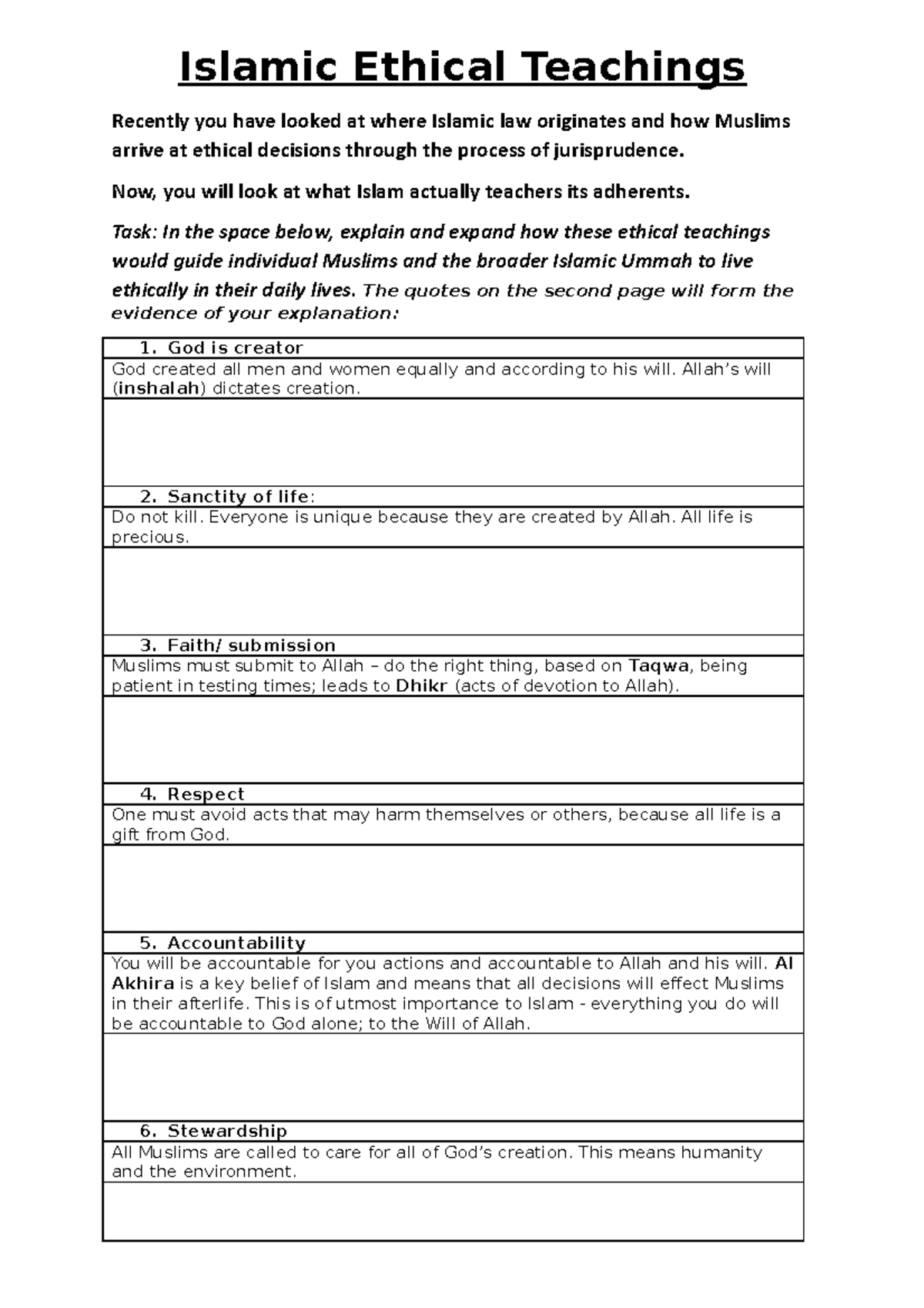 Core Ethical Teachings - worksheet 1 1 - Islamic Ethical Teachings ...