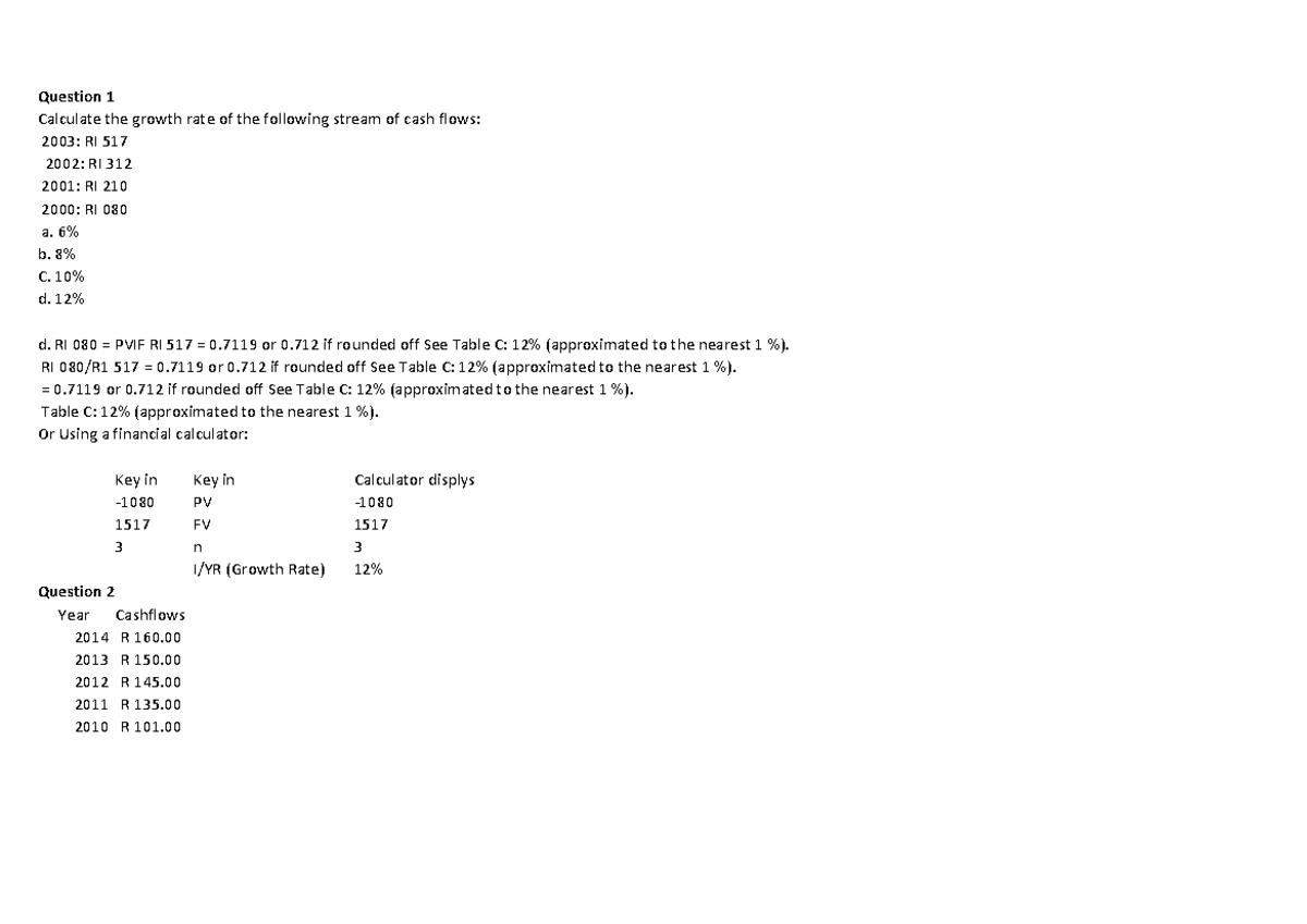Growth Rate Question Calculation - Question 1 Calculate the growth rate ...