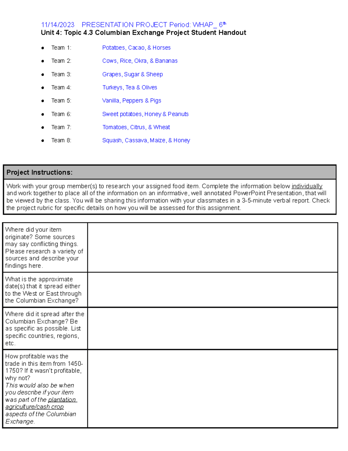 Unit 4 Columbian Exchange Project Student Handout Schoology - 11/14 ...