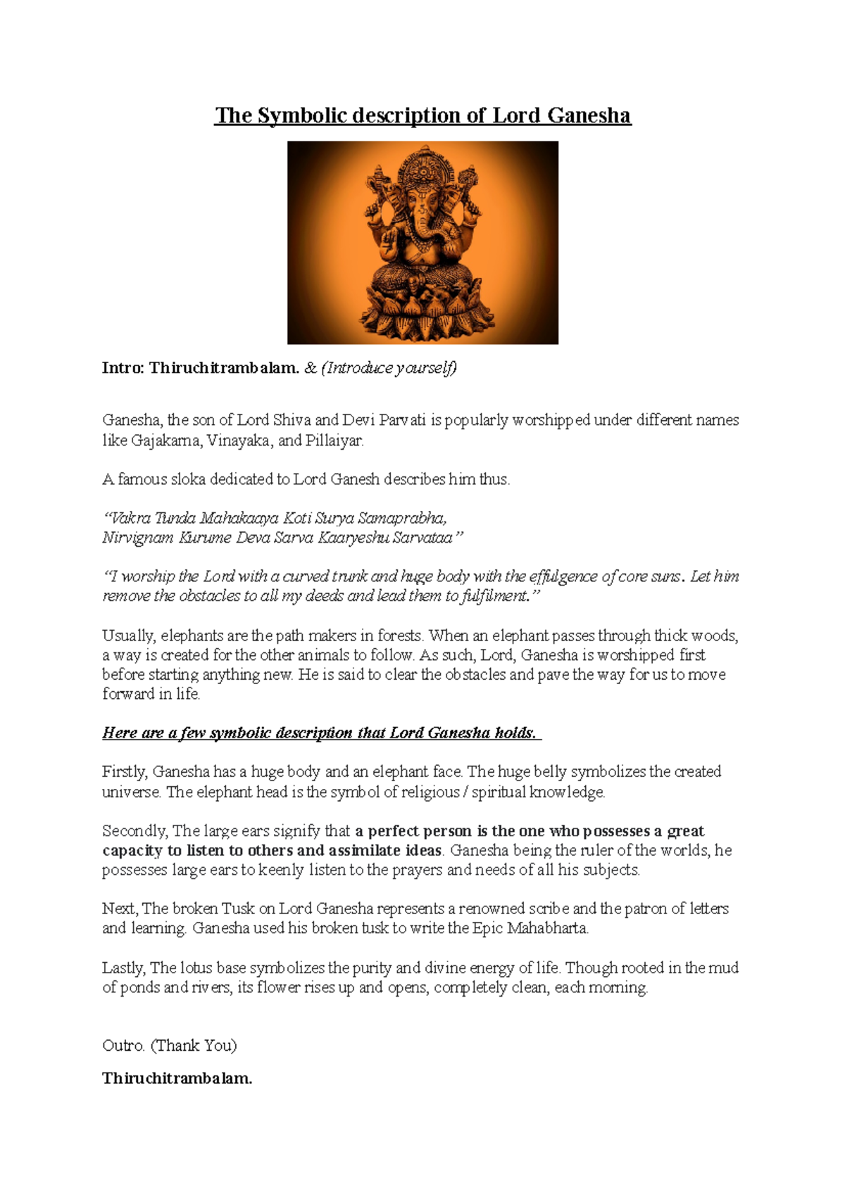 The Symbolic description of Lord Ganesha - & (Introduce yourself ...