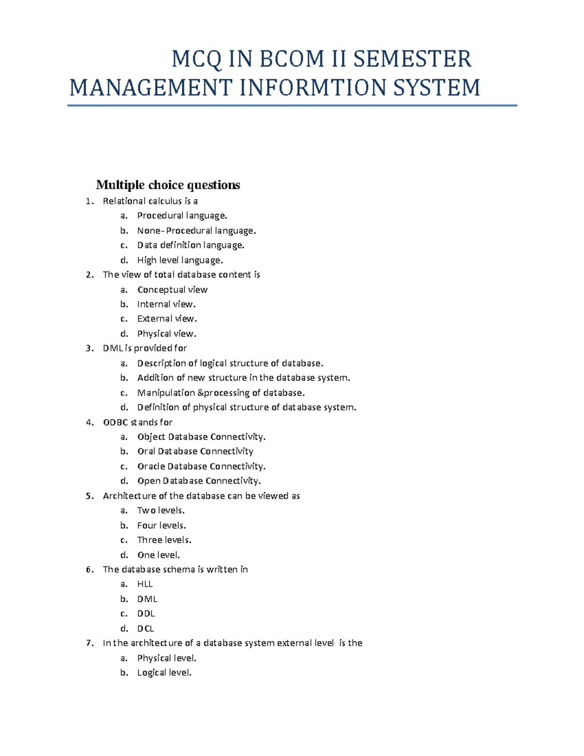Management information system Solved Mcqs set 1 Mcq Mate - 1. The ...