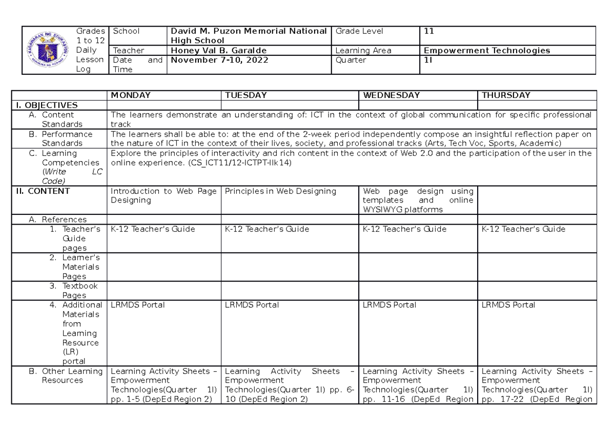 WEEK 2 - Notes - Grades 1 to 12 Daily Lesson Log School David M. Puzon ...