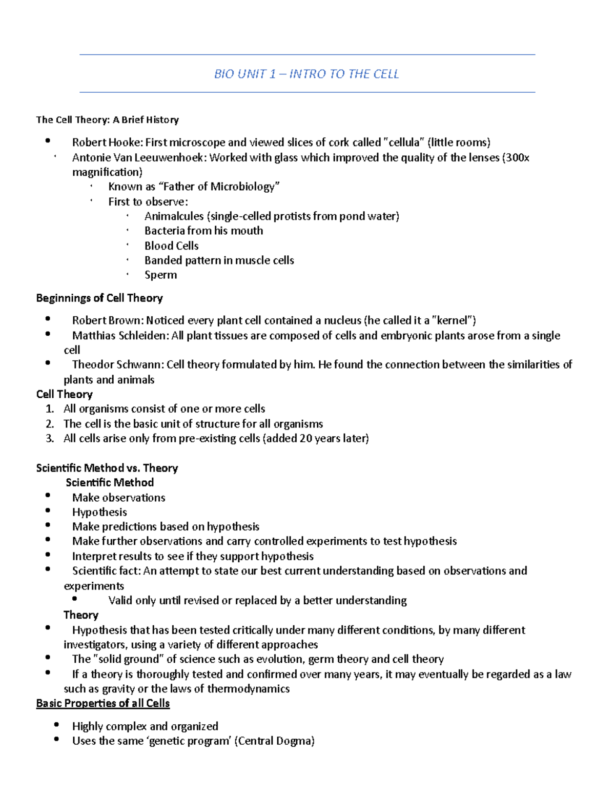 Bio Unit 1 - Lecture notes 1 - BIO UNIT 1 – INTRO TO THE CELL The Cell ...