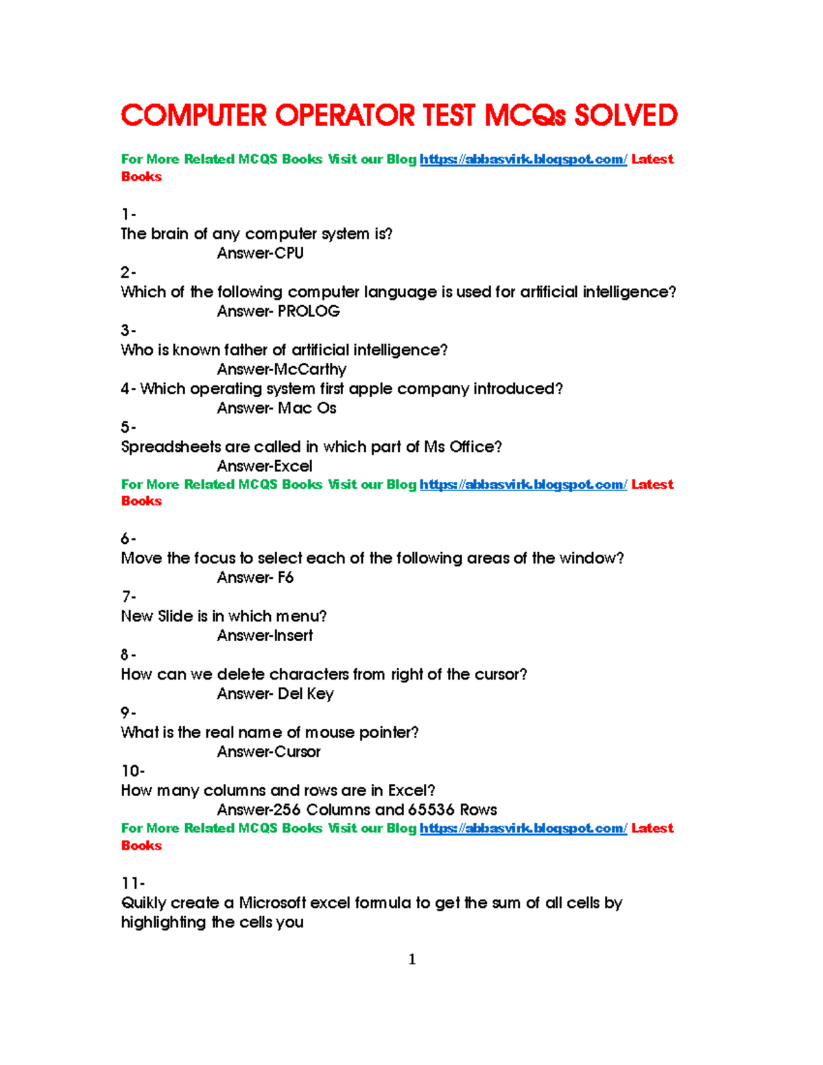 Computer Operator Mcqs Solved Computer Operator Test Mcqs Solved For More Related Mcqs Books