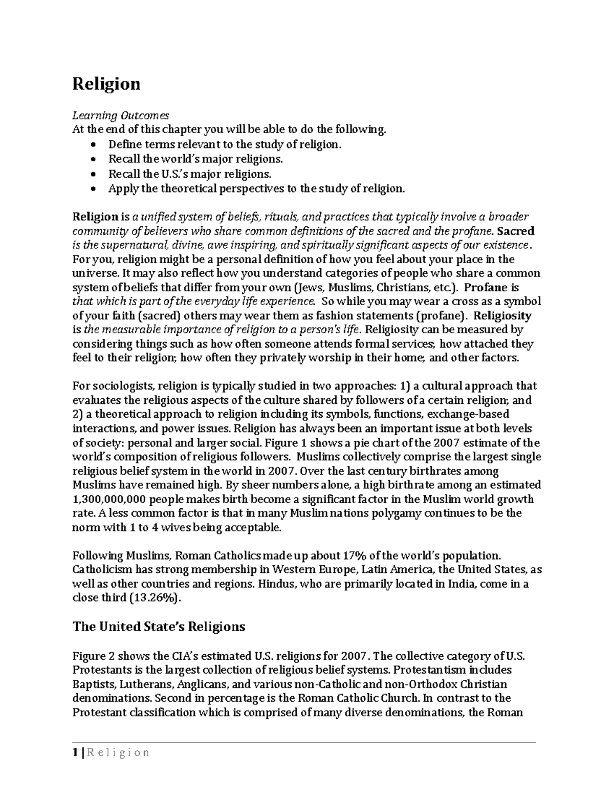 Religion - Lecture - Religion Learning Outcomes At the end of this ...