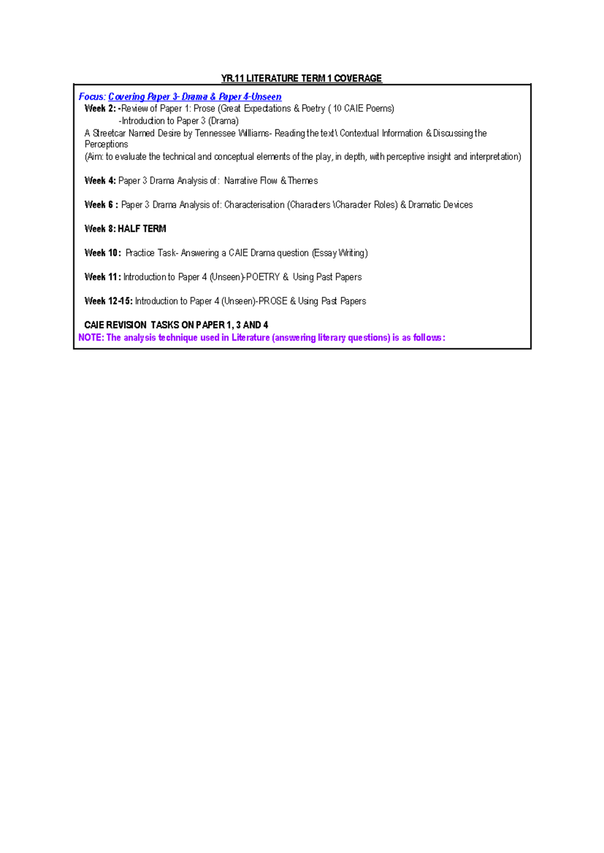 YR. 11 Literature TERM 1 Outline Coverage - YR 1 LITERATURE TERM 1 ...