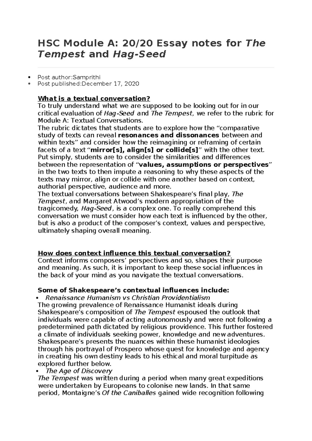 HSC Module A study notes - Tempest and Hagseed - HSC Module A: 20/20 ...