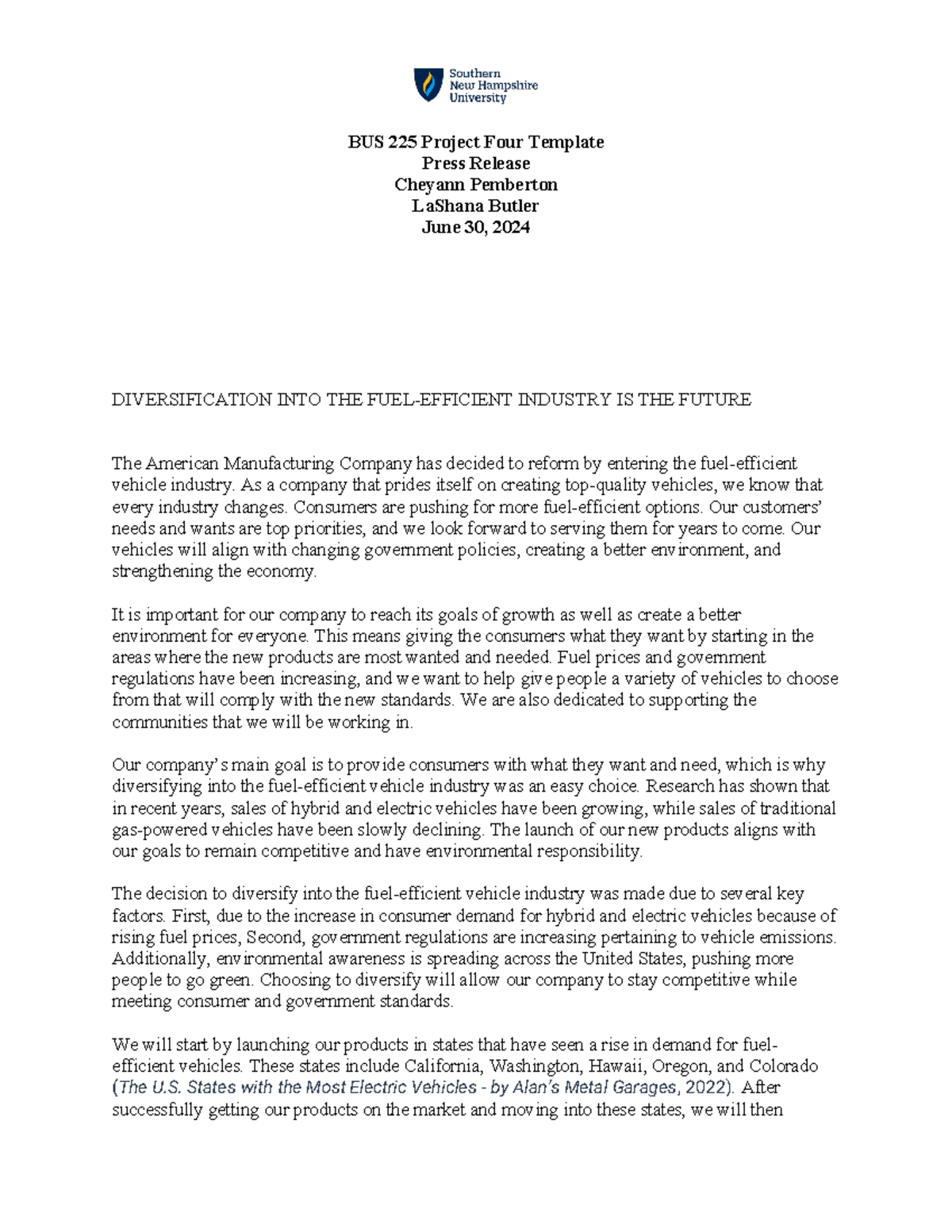 BUS 225 Project 4 Final - BUS 225 Project Four Template Press Release ...