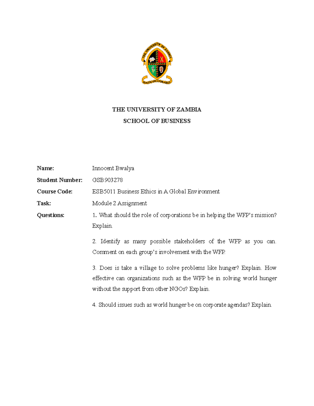 Assignment Module - THE UNIVERSITY OF ZAMBIA SCHOOL OF BUSINESS Name ...