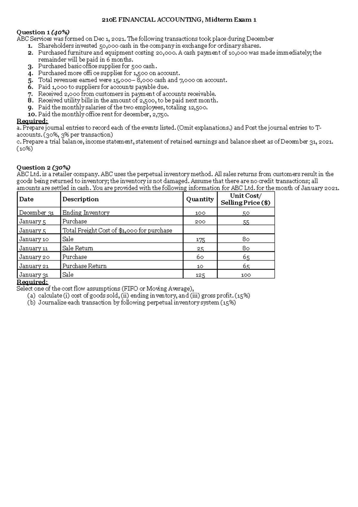 MT1 2022 - mt22 - 210E FINANCIAL ACCOUNTING, Midterm Exam 1 Question 1 ( 4 0%) ABC Services was ...