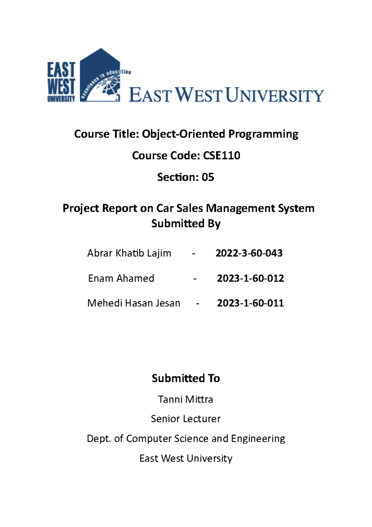 Group-2 (Car Sales) - TM FALL2022 - Course Title: Object-Oriented Programming Course Code: CSE ...