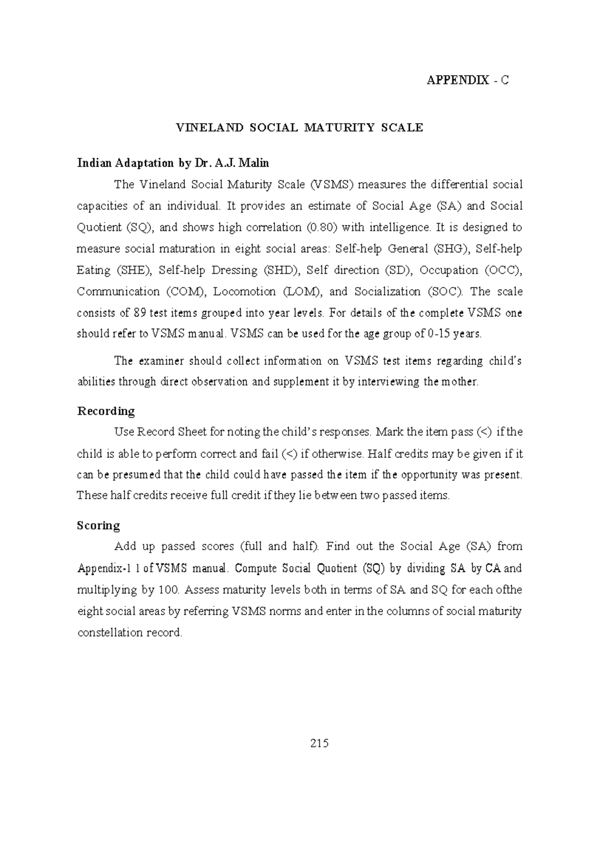 VSMS Model Report - APPENDIX - C VINELAND SOCIAL MATURITY SCALE Indian ...