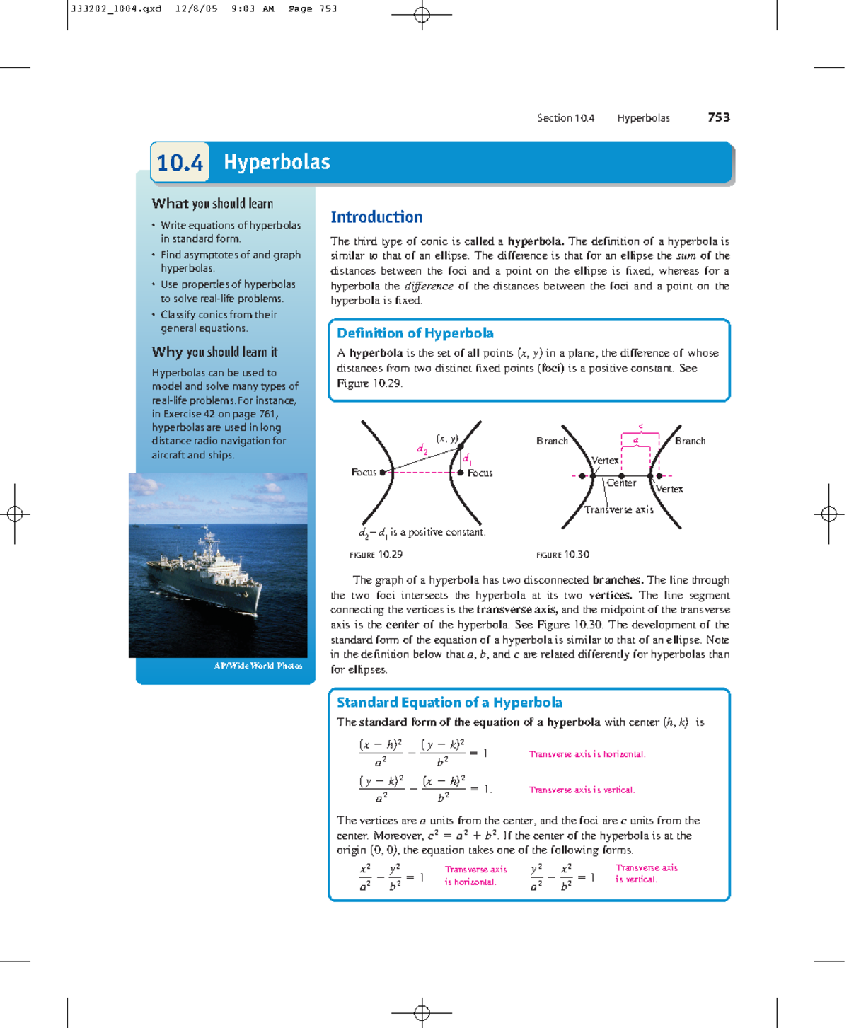 Operating system - Section 10 Hyperbolas 753 ####### Introduction The third type of conic is ...