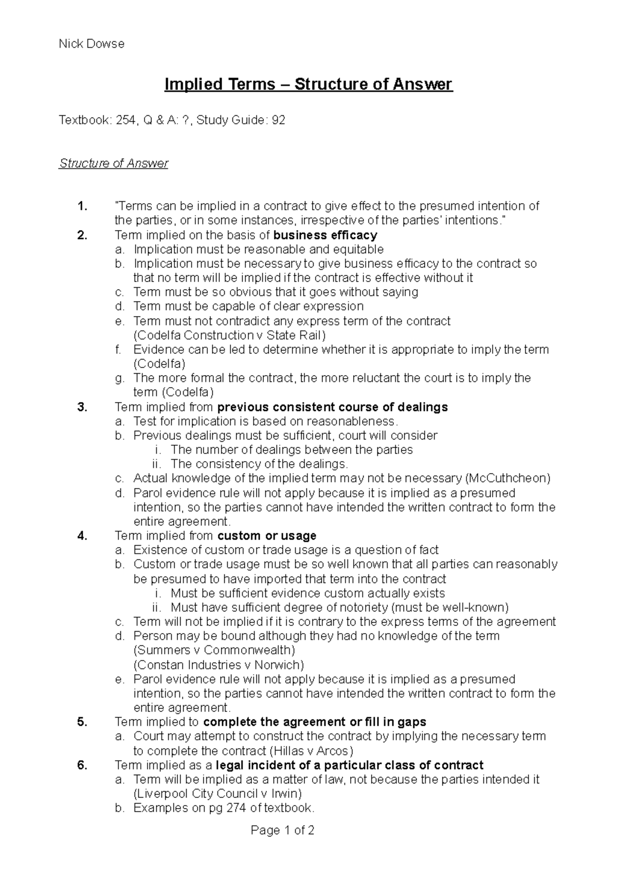 Implied Terms - Nick Dowse Implied Terms – Structure of Answer Textbook ...